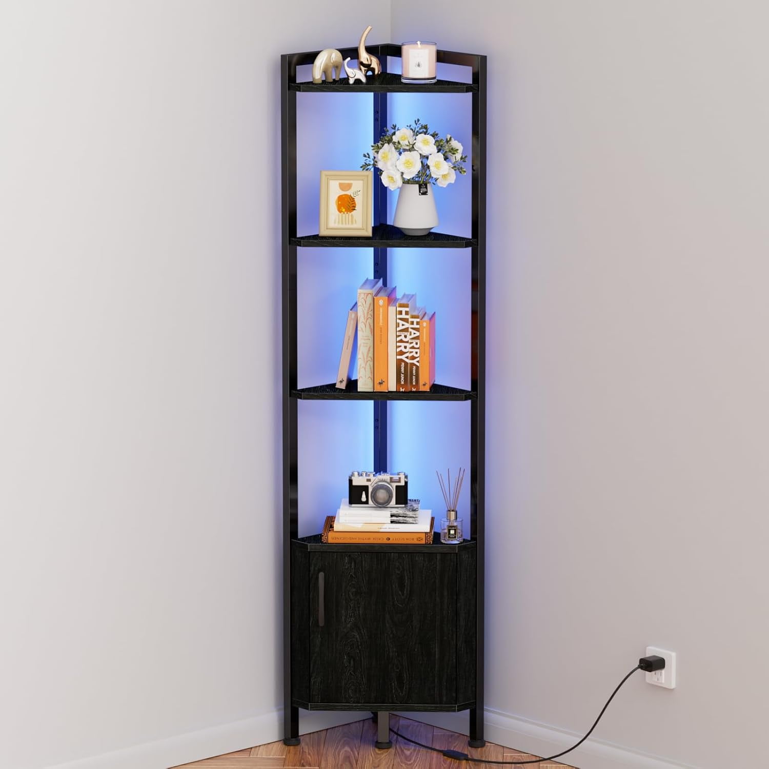 Corner Shelf,5-Tier Corner Cabinet with Storage and LED Light, 62.8 ...