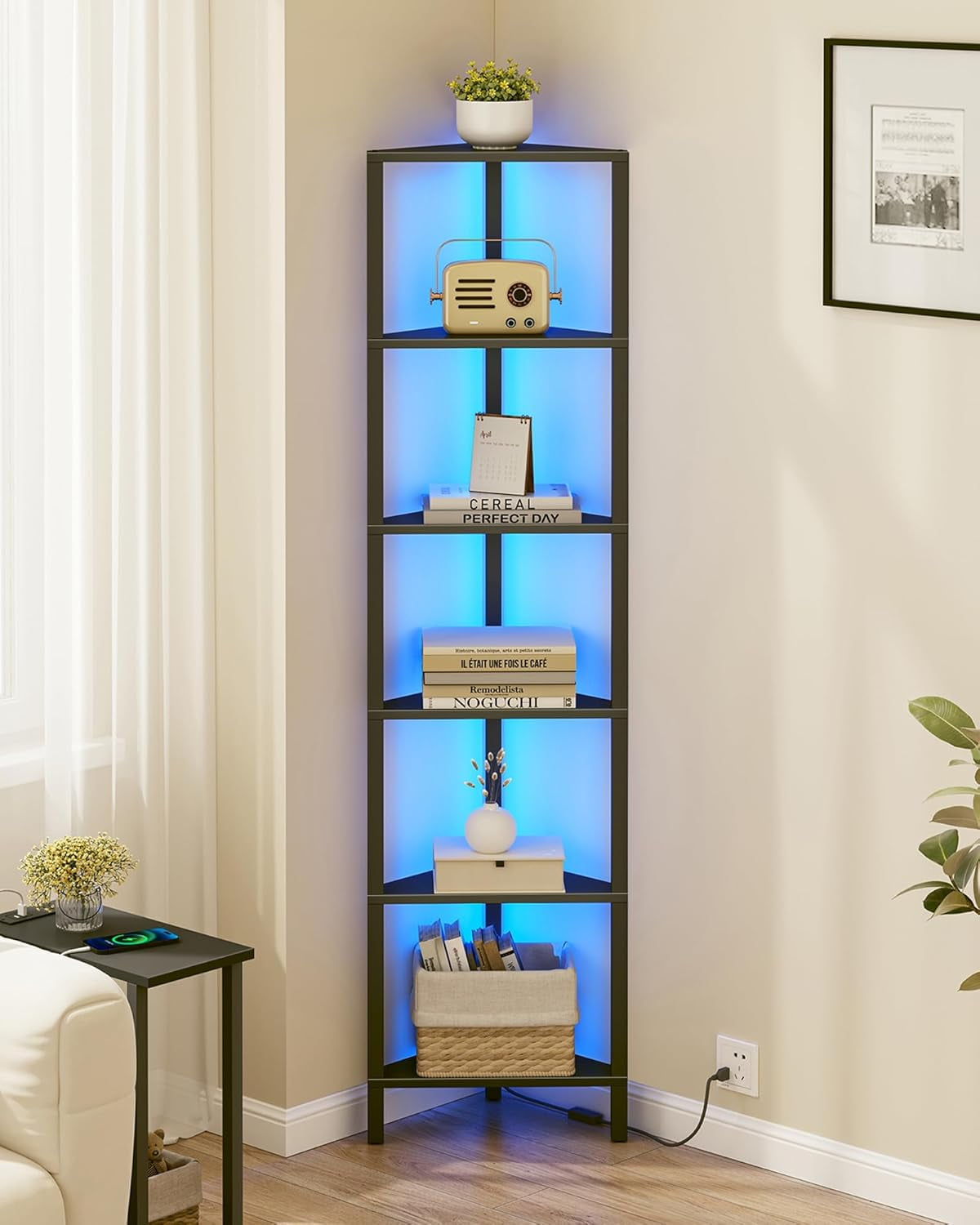 Corner Shelf with LED Light, 6-Tier Corner Bookshelf for Small Space ...