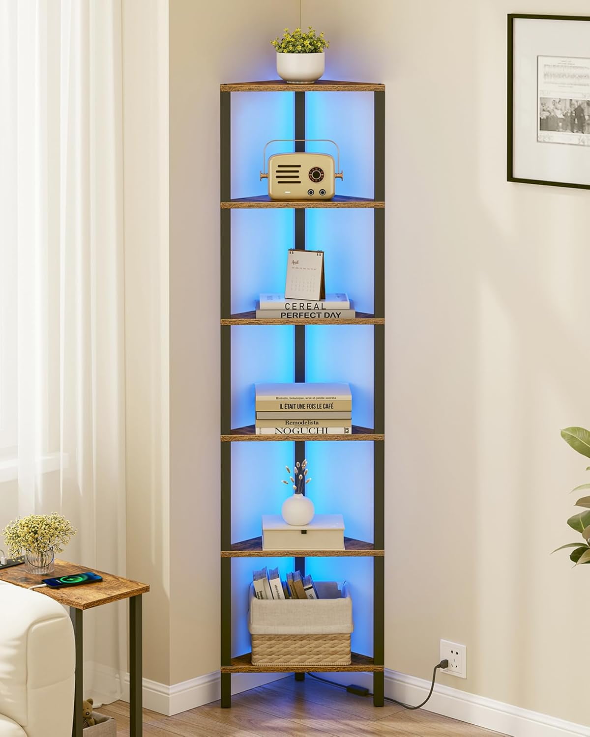 Corner Shelf with LED Light, 6-Tier Corner Bookshelf for Small Space ...