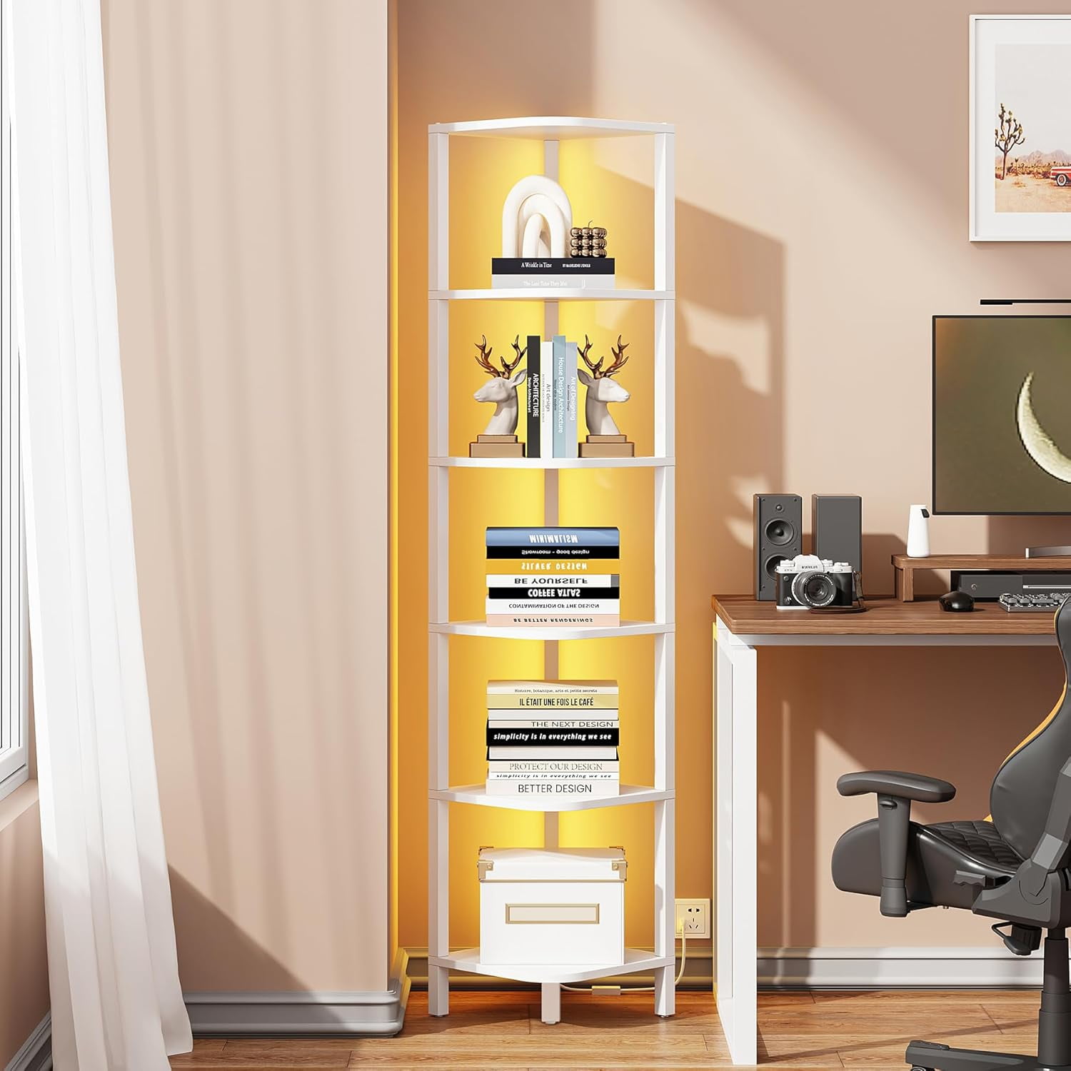 Corner Shelf with LED Light, 6-Tier Corner Bookshelf for Small Space ...