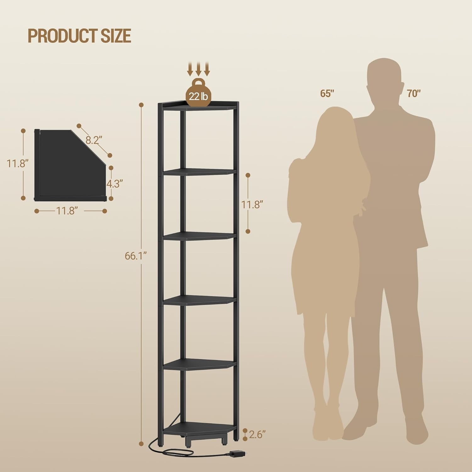 Corner Shelf with LED Light, 6-Tier Corner Bookshelf, Tall Narrow ...