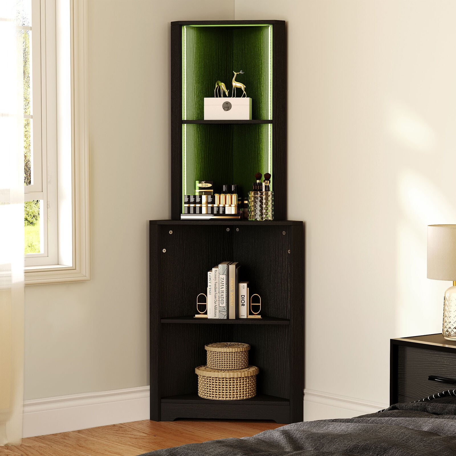 Corner Shelf with LED Light Bookshelf, Modern 4-Tier Bookcase with Open ...