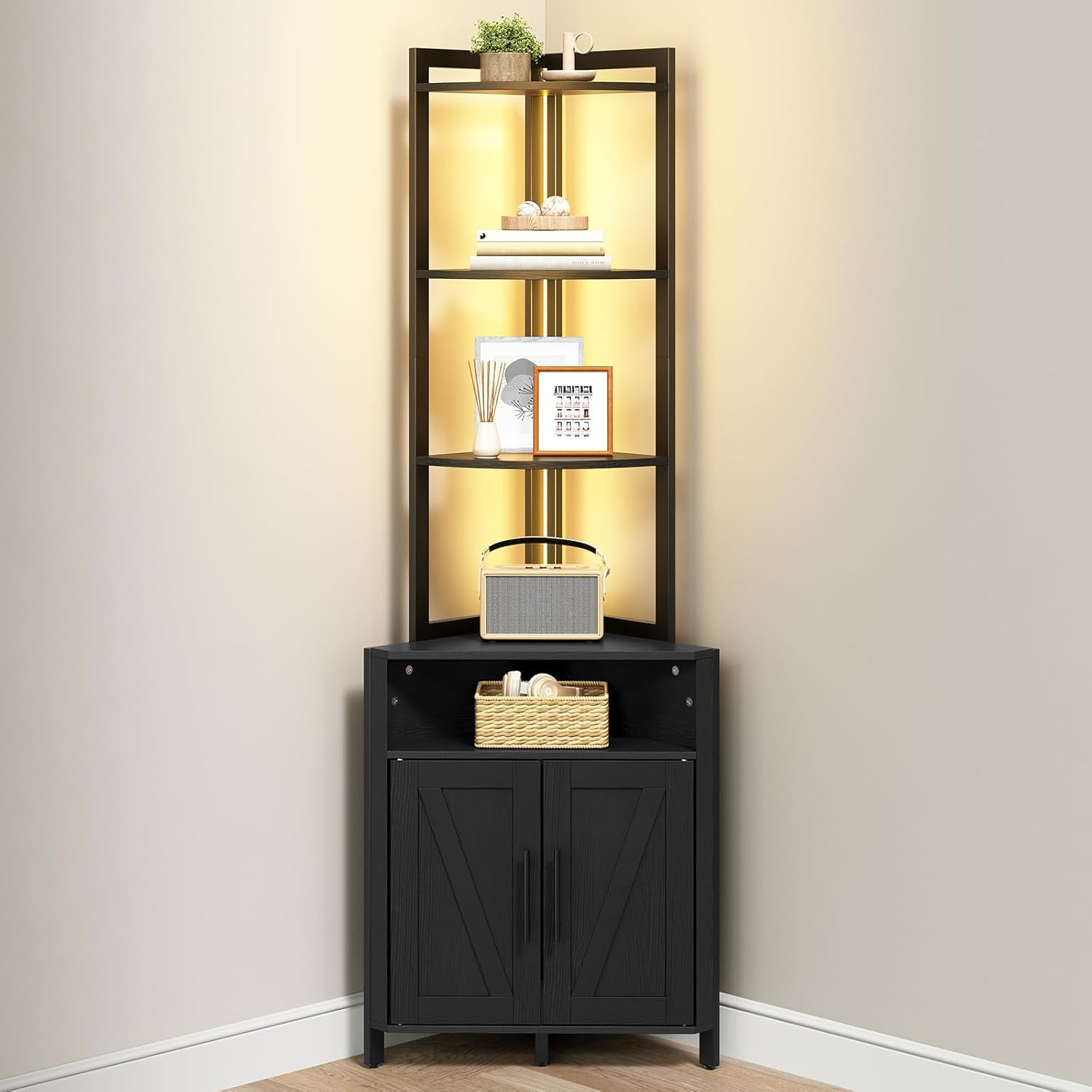 Corner Shelf with LED Light, Corner Storage Cabinet with Doors, 5-Tier ...