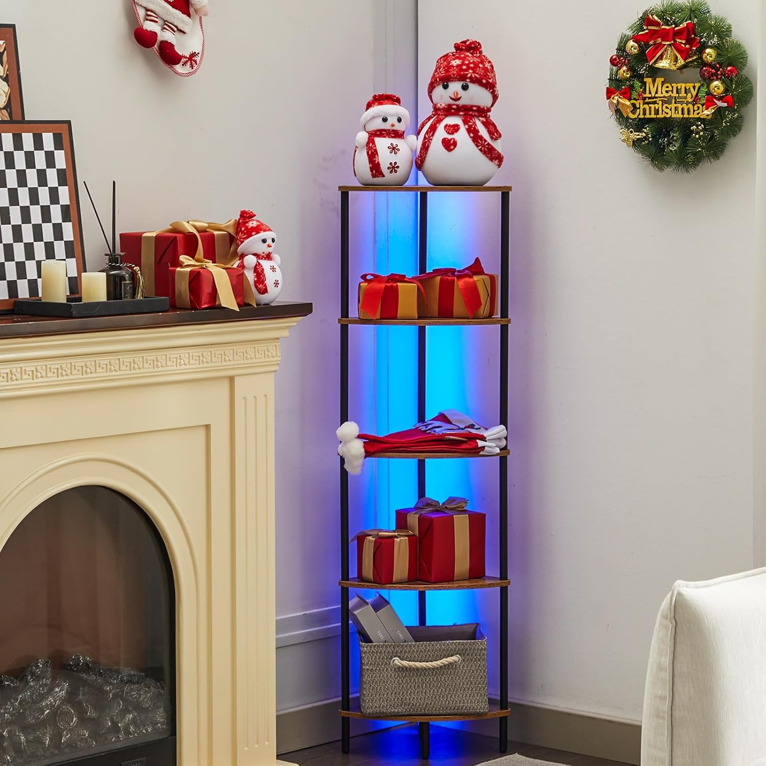 Corner Shelf with LED Light,Tall Corner Shelf,Rustic Industrial Corner ...