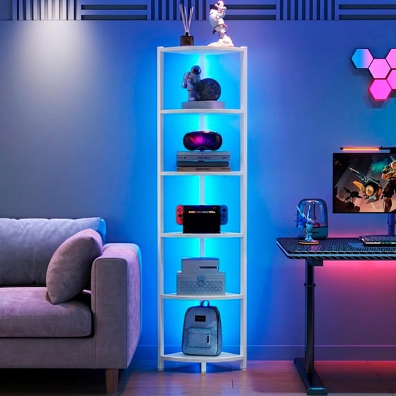 Corner Shelf with LED Lights, 6-Tier Corner Bookshelf, 66'' Organizer ...