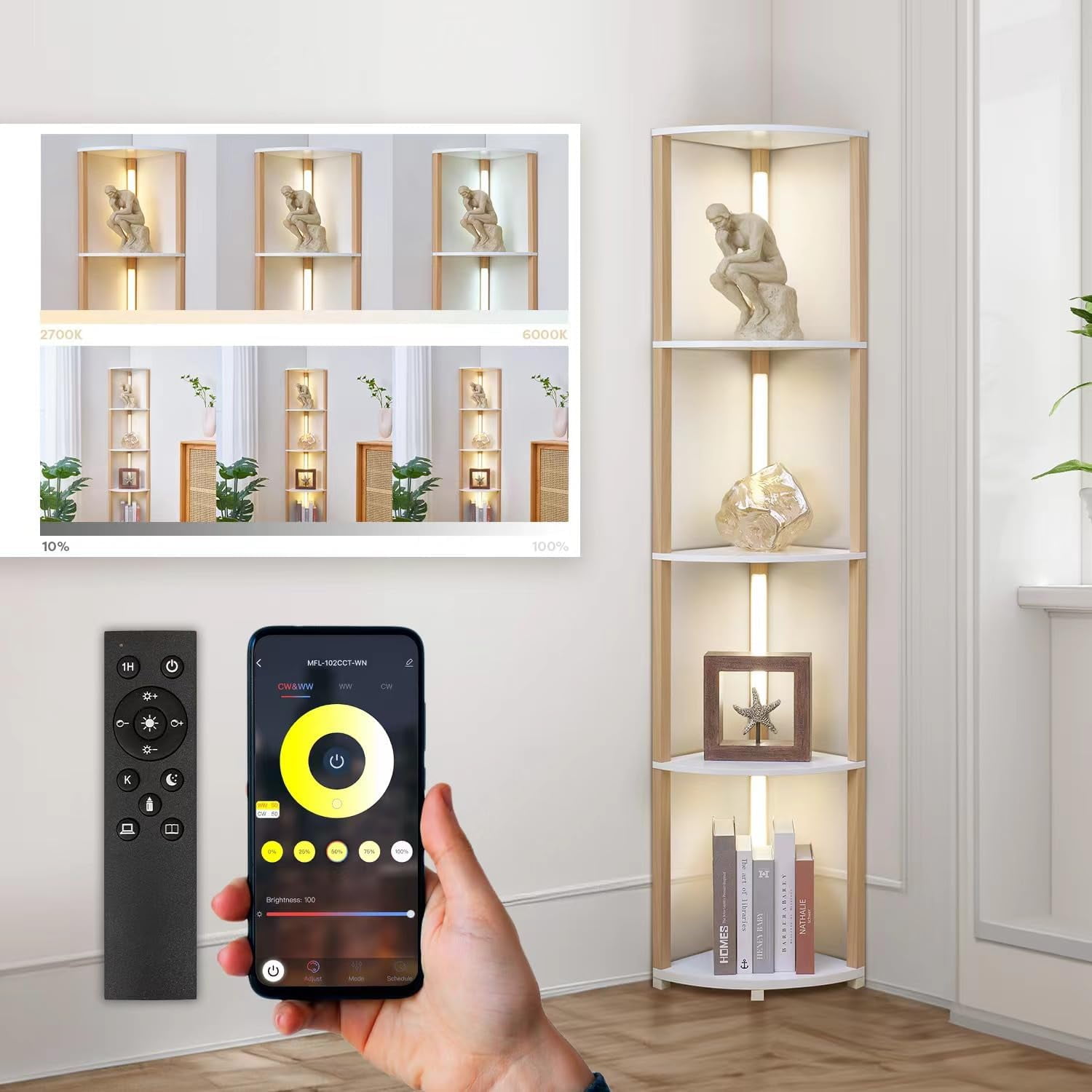 Corner Shelf with Light, Corner Lamp with Shelves, LED Shelf Floor Lamp ...