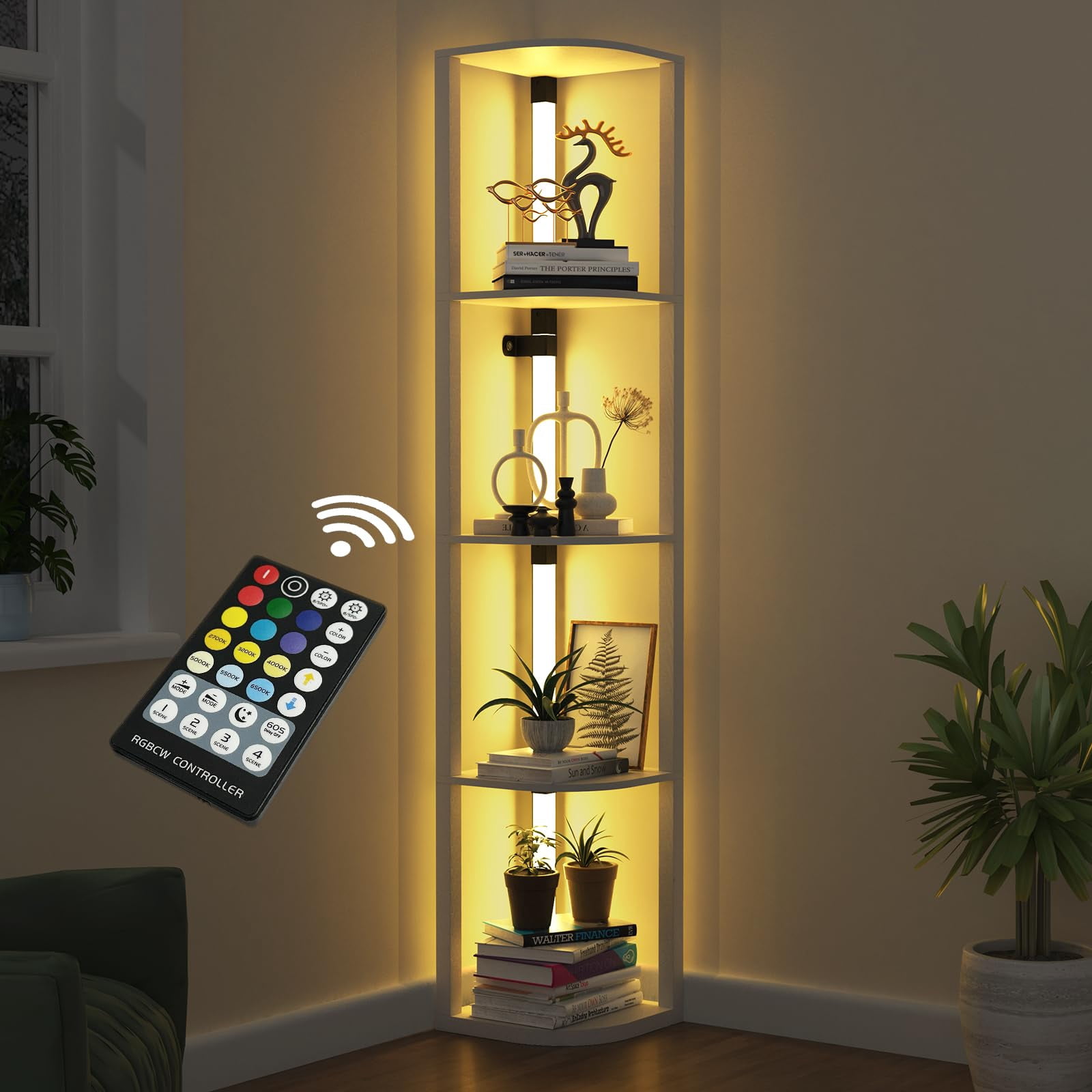 Corner Shelf with Light, Floor Lamps with Shelves for Living Room ...