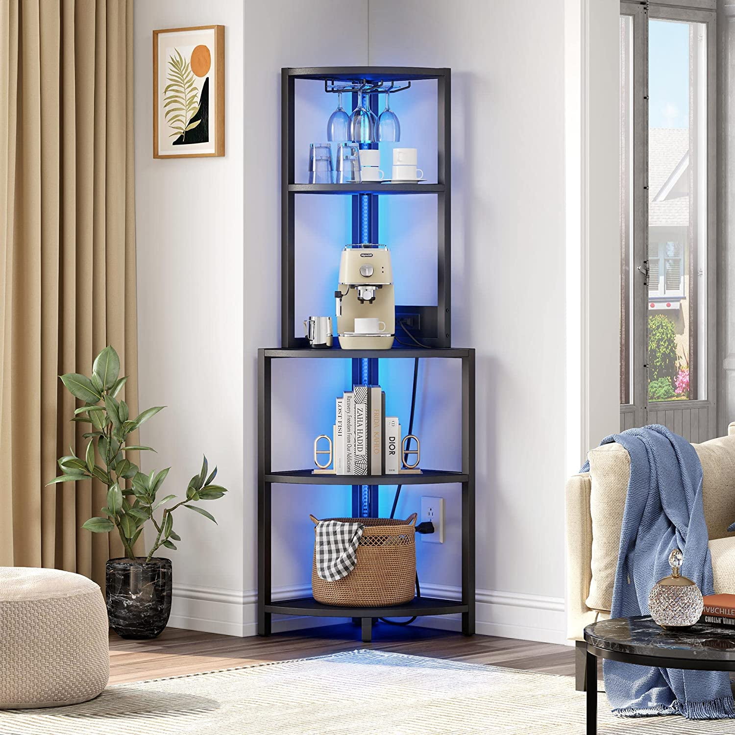"Black 5-Tier Corner Shelf with Power Outlets, LED Lights, Glass Holder ...