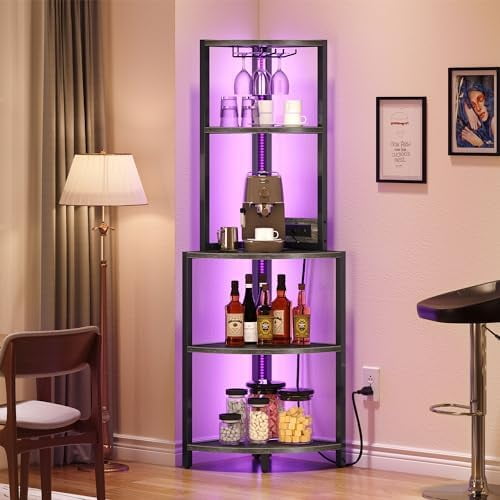 Corner Shelf with Power Outlets & LED Lights & Glass Holder, 5 Tier ...