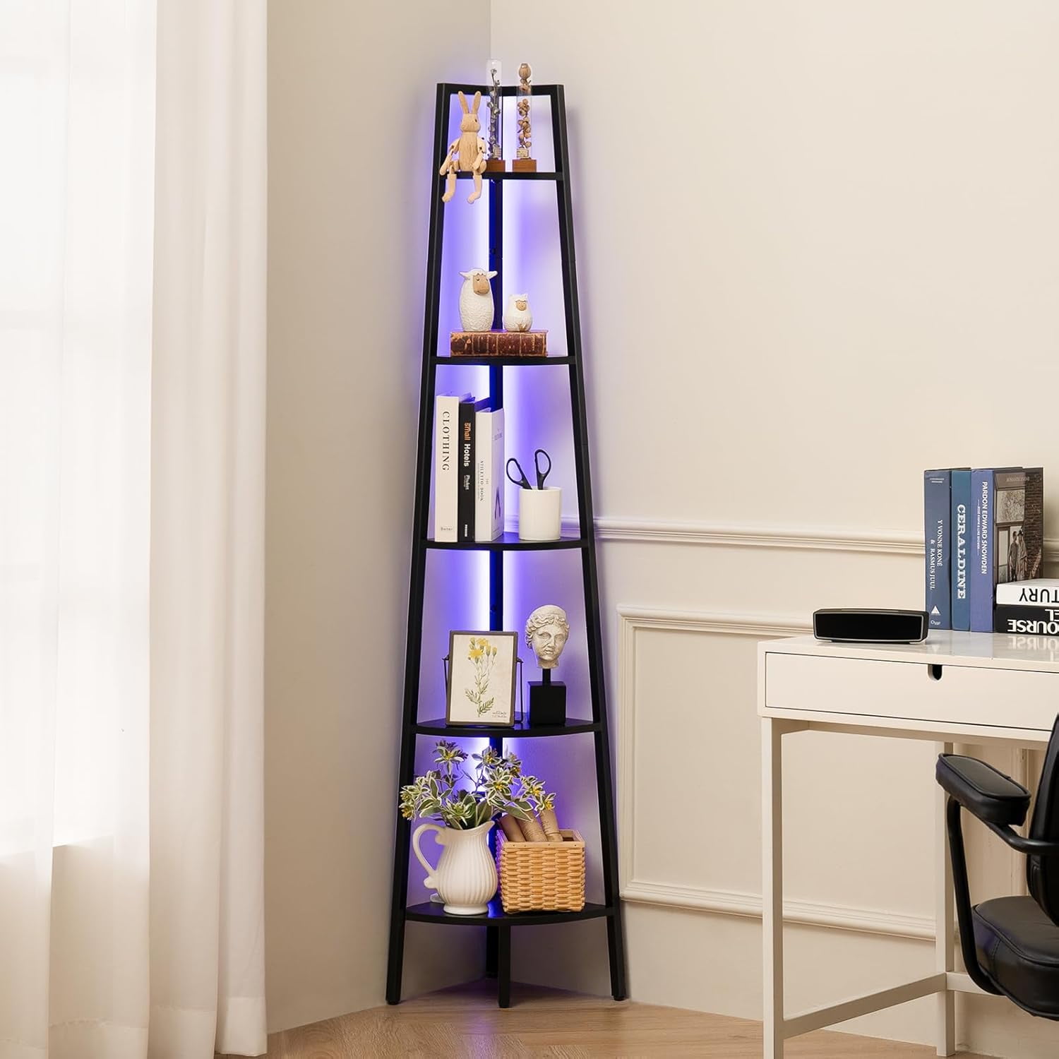 Corner Shelf Stand, 5-Tier Bookshelf with LED Lights & Steel Frame ...