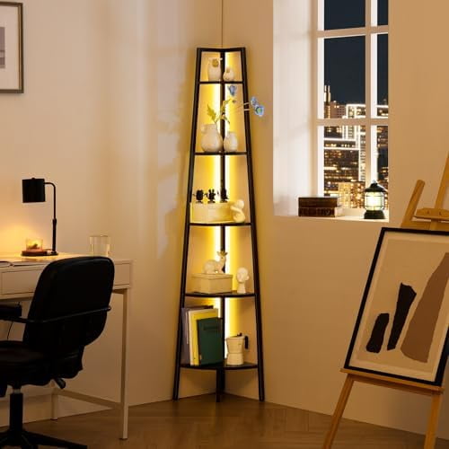 Corner Shelf Stand, 5-Tier Bookshelf with LED Lights & Steel Frame ...