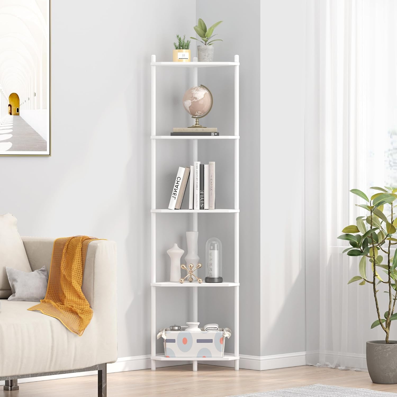 Corner Shelf Stand - 5 Tier White Bamboo Small Corner Bookshelf for ...