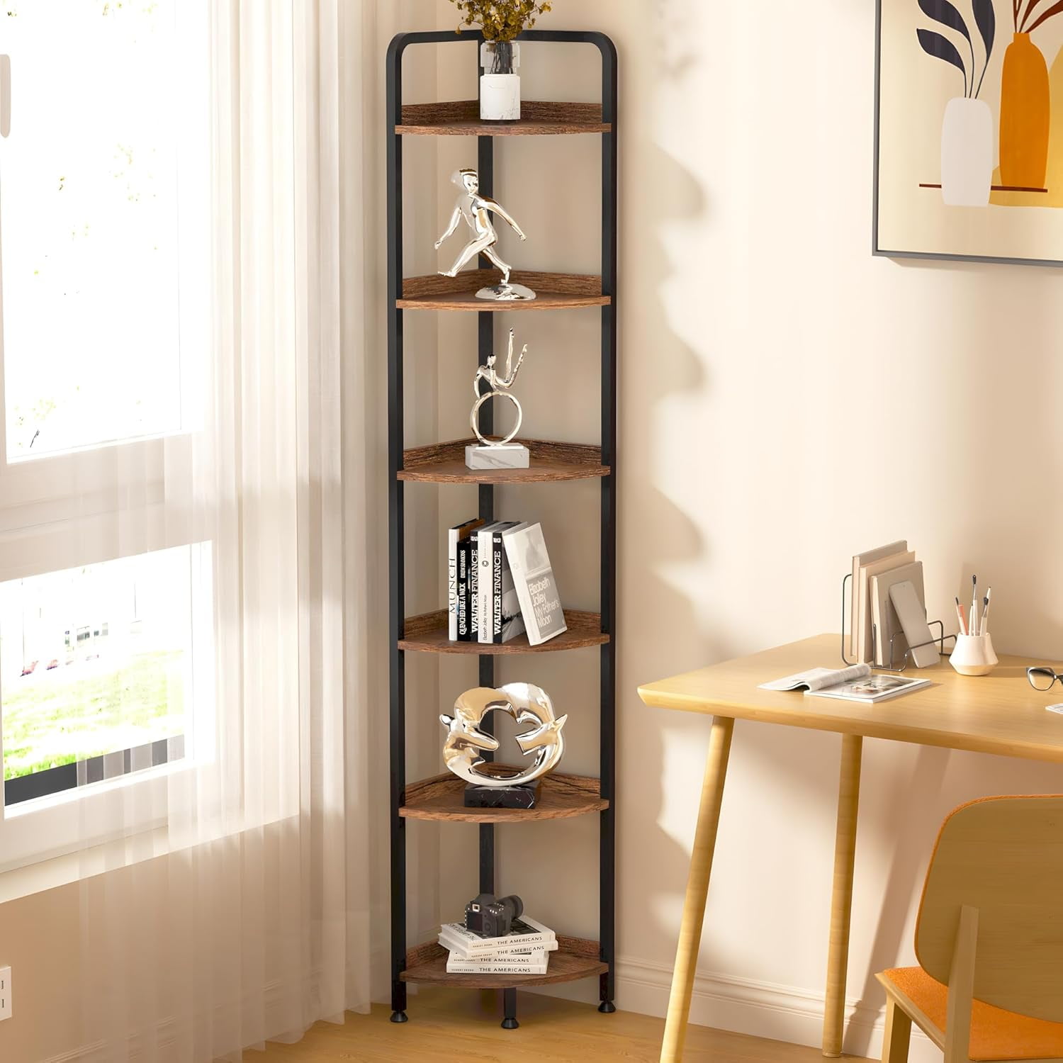 Corner Shelf Stand, 6-Tier Corner Bookshelf, Corner Plant Stand with Metal Frame Multi-Purpose ...