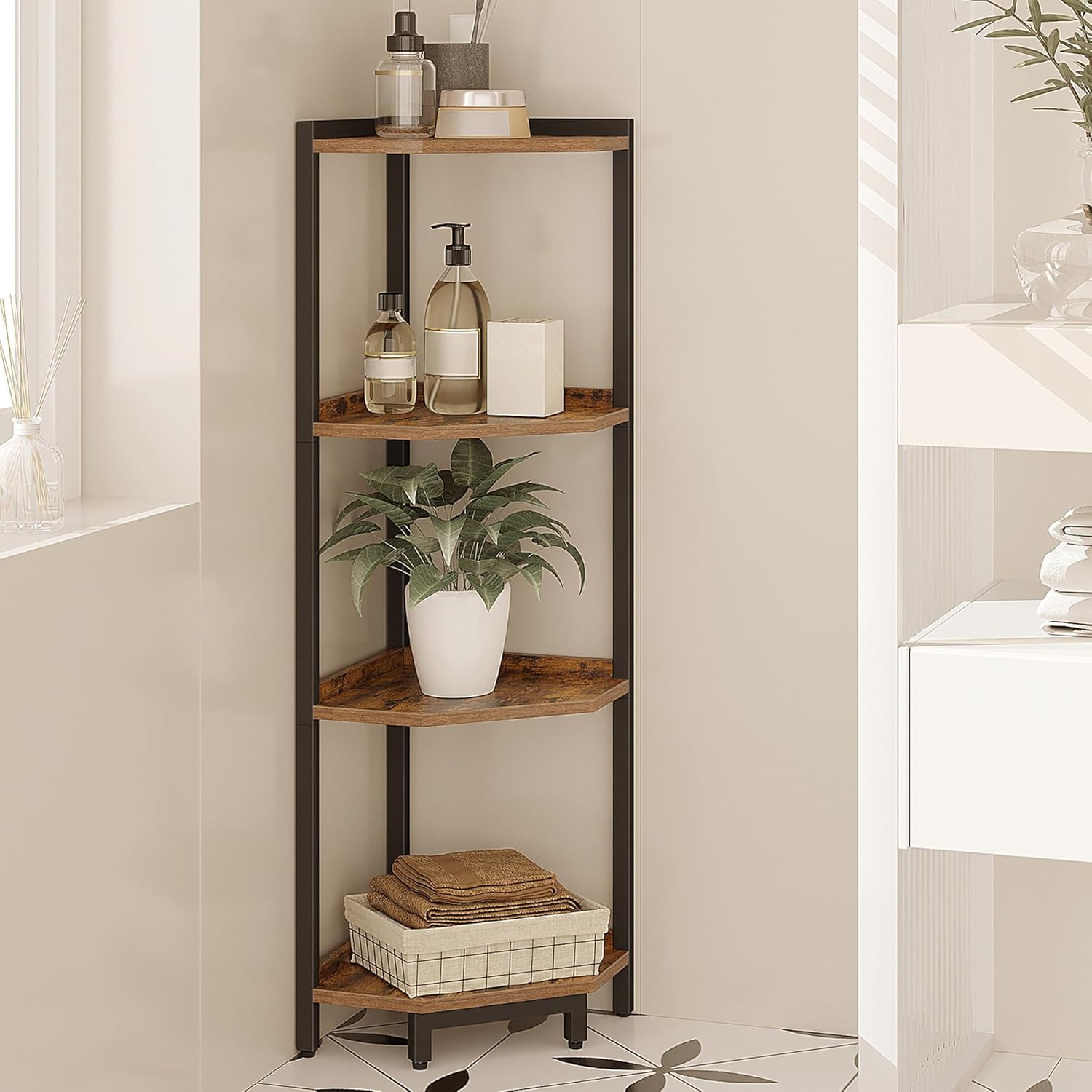 Corner Shelf Stand, Corner Bookshelf, Storage Standing Shelf Unit with ...