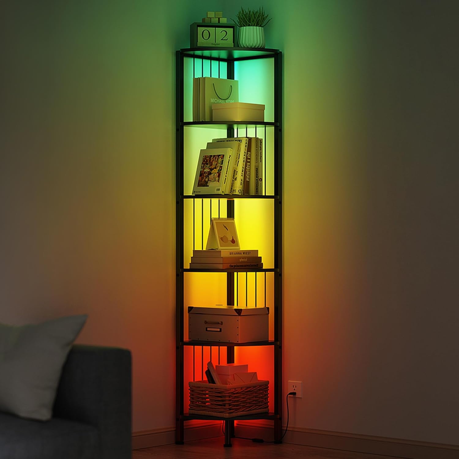 Corner Shelf Stand, Tall Black Corner Shelf with LED Light with Music ...