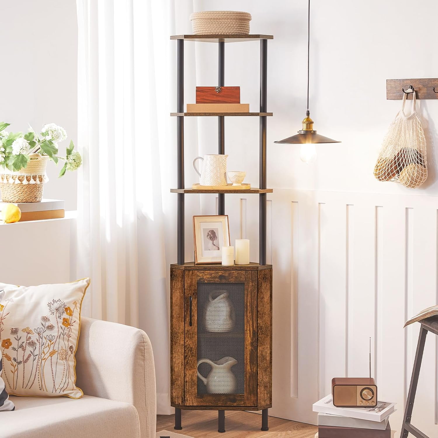 Corner Shelf with Storage, 64.8" Tall Industrial Corner Cabinet, 5-Tier ...