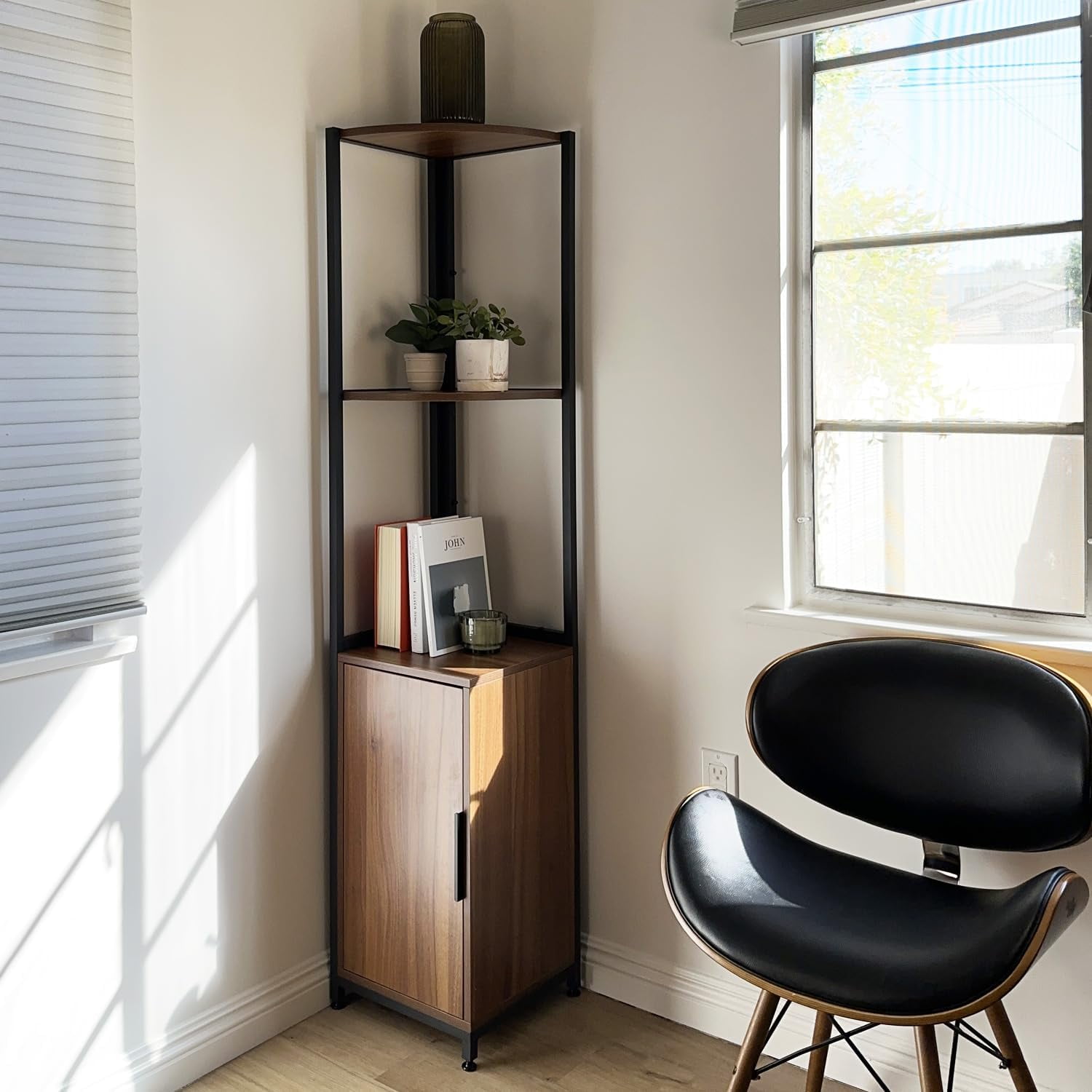 Corner Shelf Tower with Storage Cabinet, Modern Display Bookshelf Stand ...