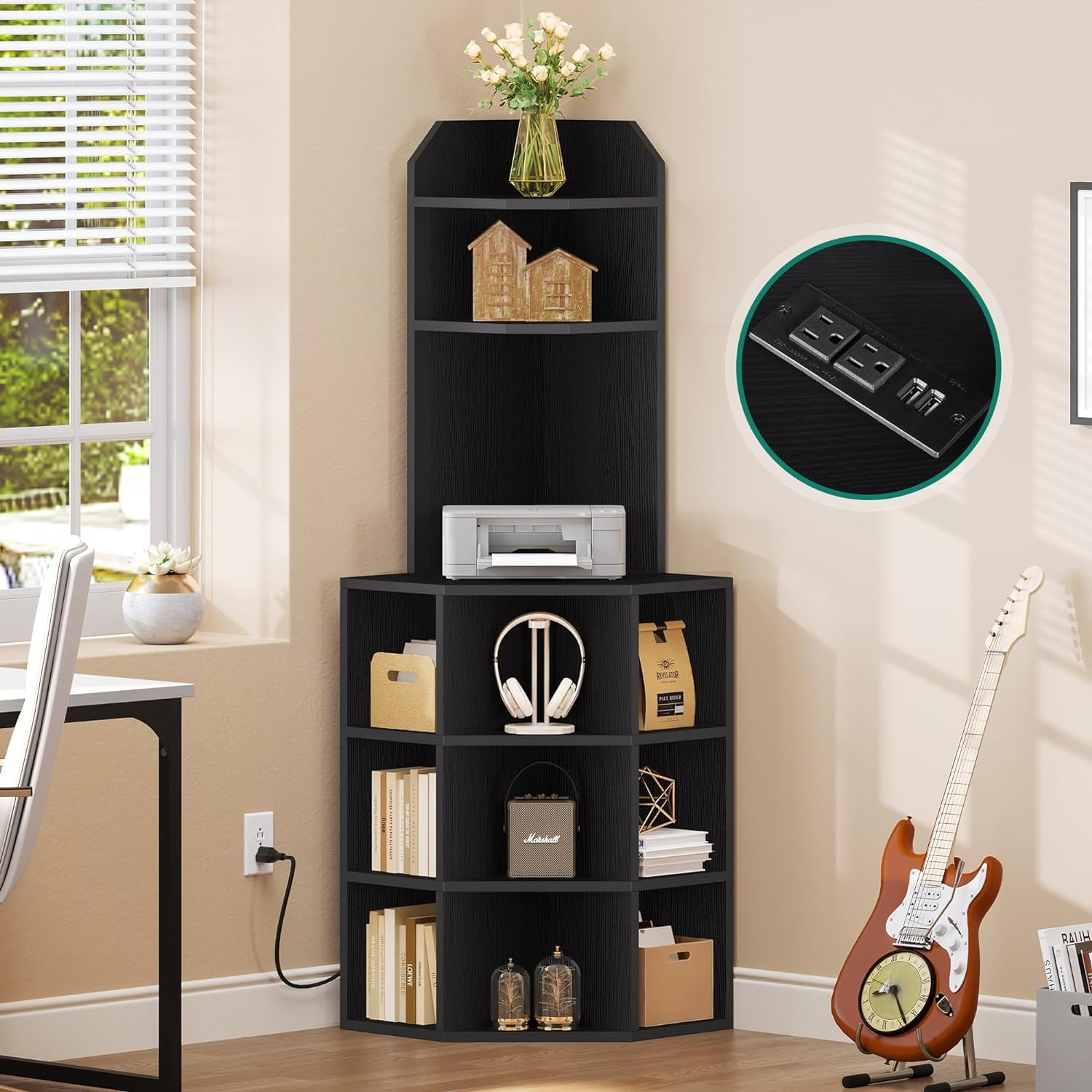 Corner Shelf with USB Ports & Outlets, Industrial Corner Storage ...