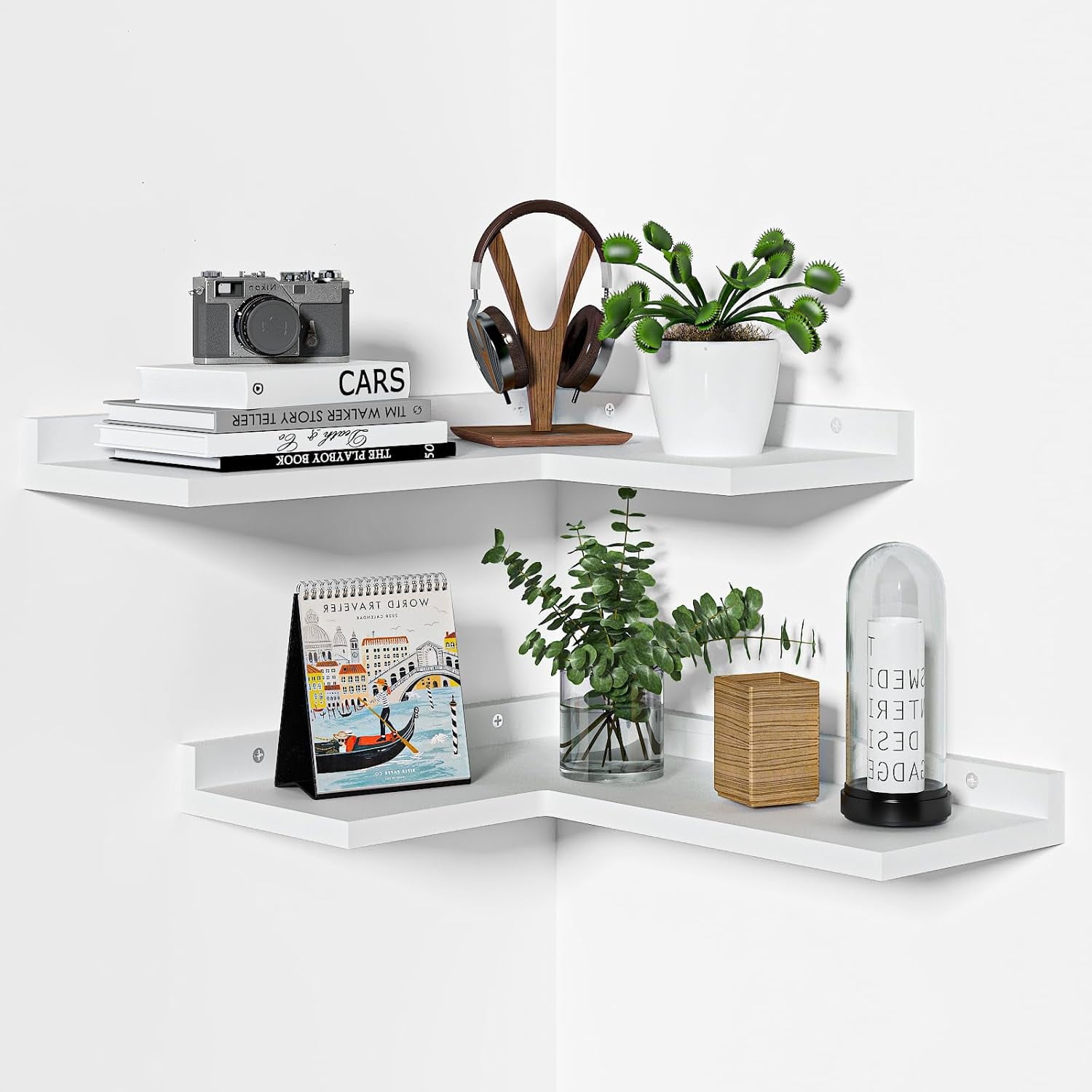 Corner Shelf White, Natural Wood Wall Mount Corner Shelf 2PCS Floating ...