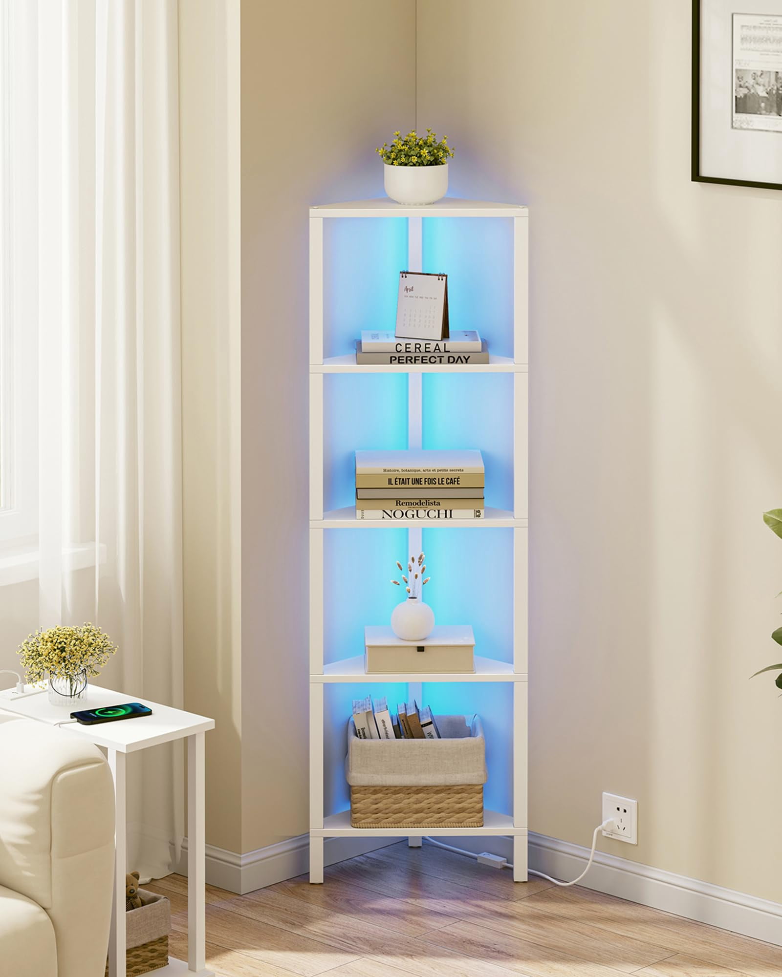 Corner Shelf With Led Light 5-tier Bookshelf For Small Space Narrow ...