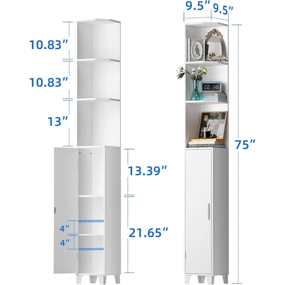 Corner Shelf with Cabinet, 74.8" Tall Narrow Bookshelf with Door, 5 ...