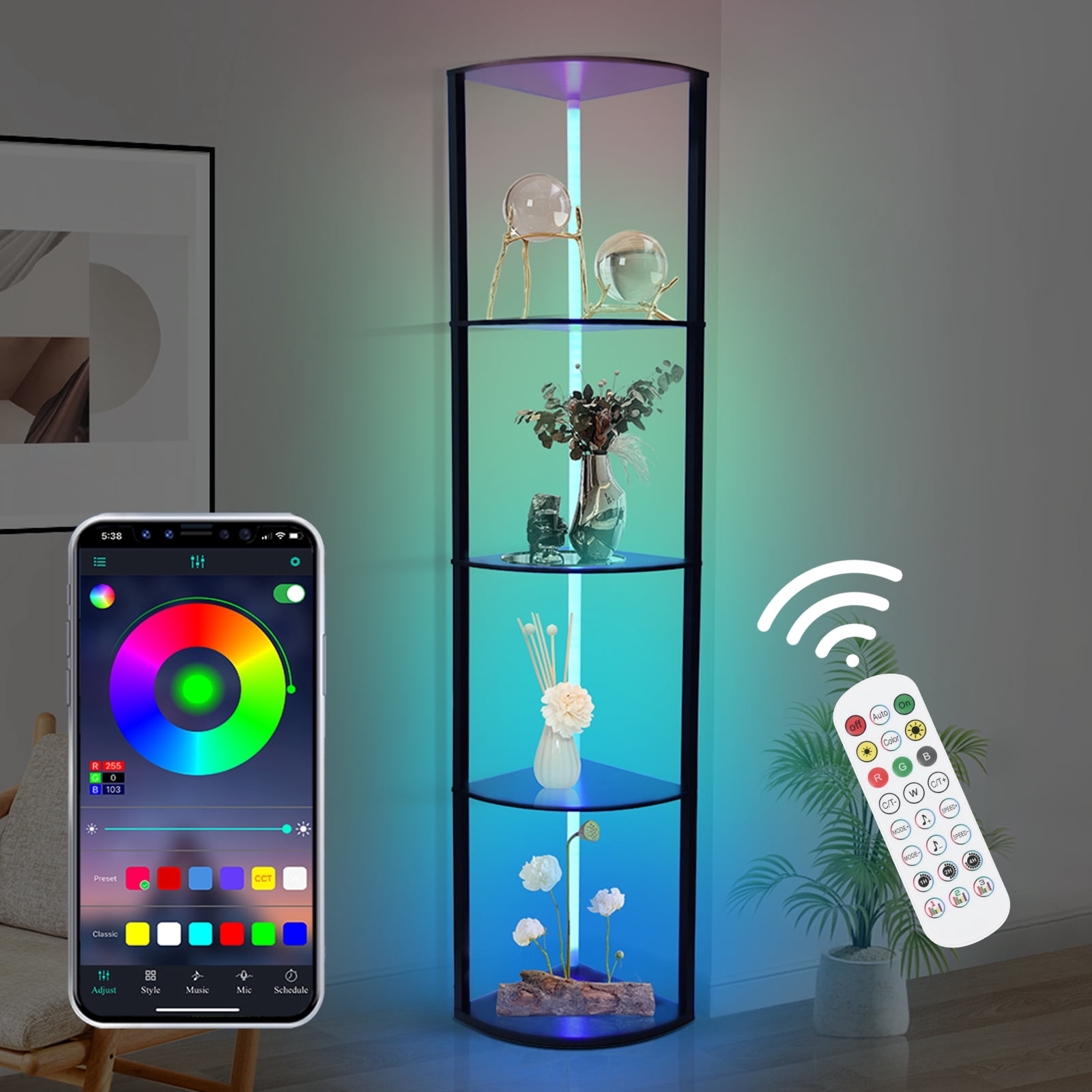 Corner Shelf with LED Lights, RGB 5 Tier Bookshelf Standing Floor Lamp ...