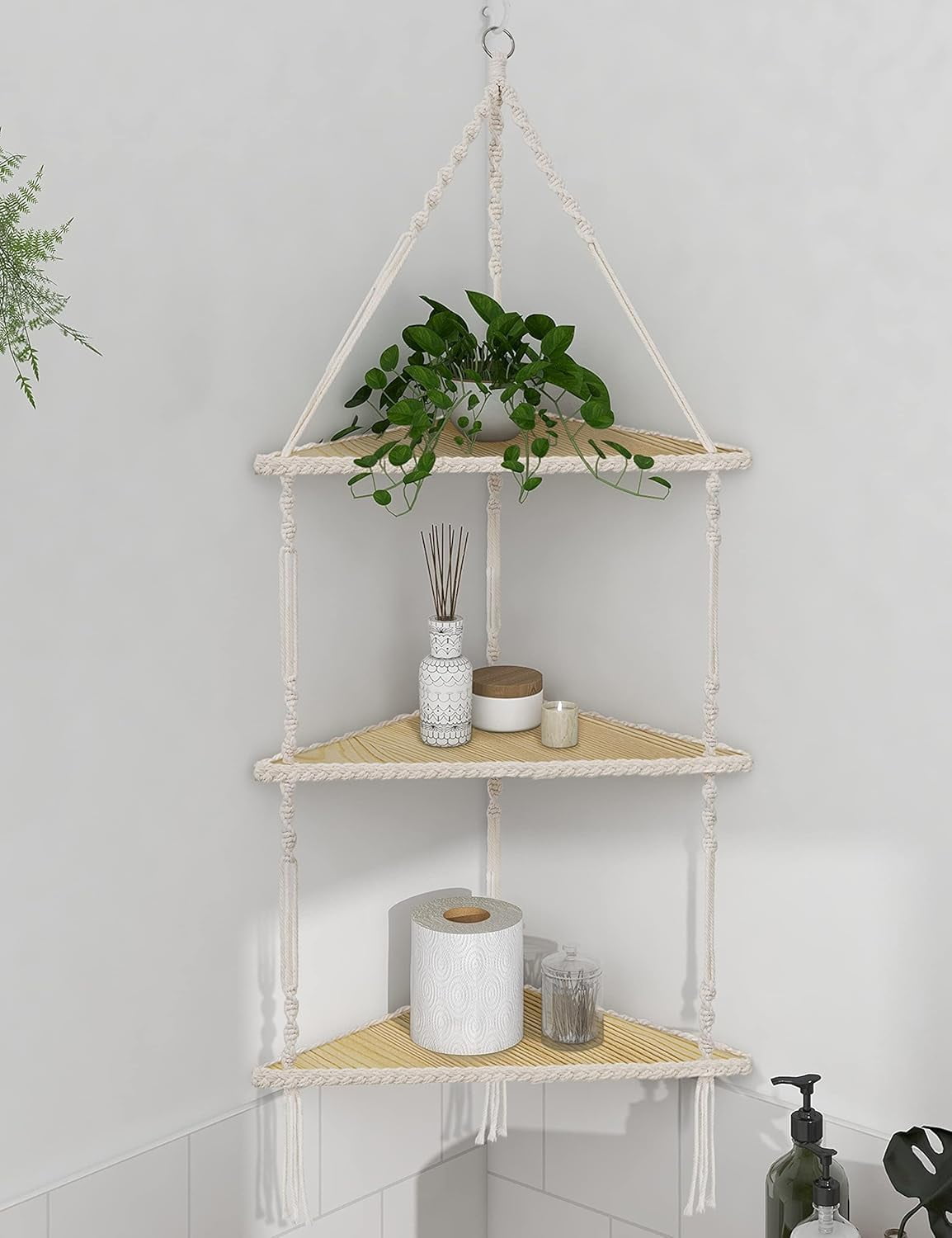 Corner Shelves Macrame 3 Tier, Boho Handmade Woven White Rope Beige ...