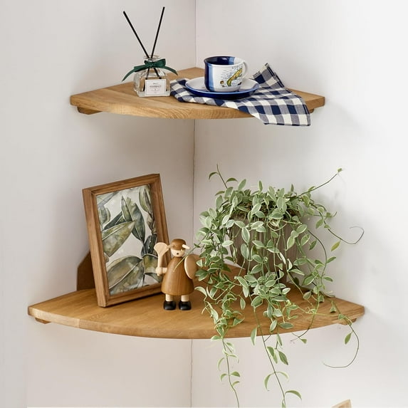 Corner Shelves Wall Mount, 7inch Oak Wood Floating Corner Shelves Set ...