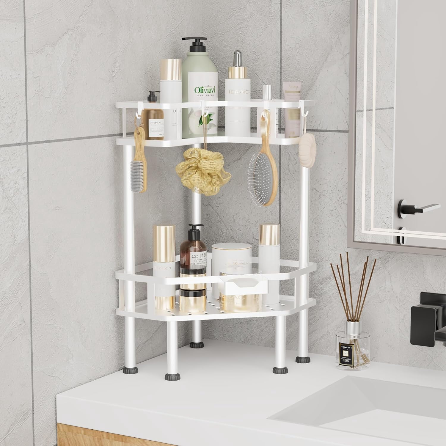 Corner Shower - 2 Tier Bathroom Counter Organizer Corner Shelf Metal ...