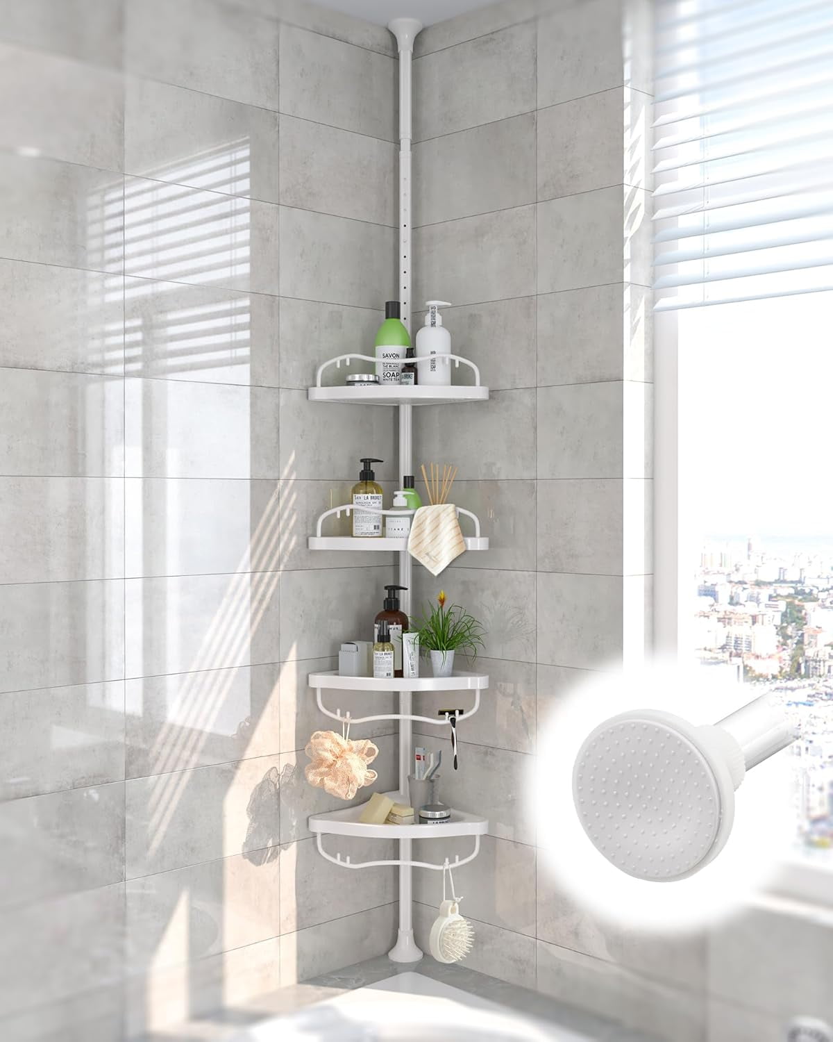 Corner Shower Caddy,125 Inch Tall Adjustable Inside Shower Organizer Tension Pole 4-Tier ...