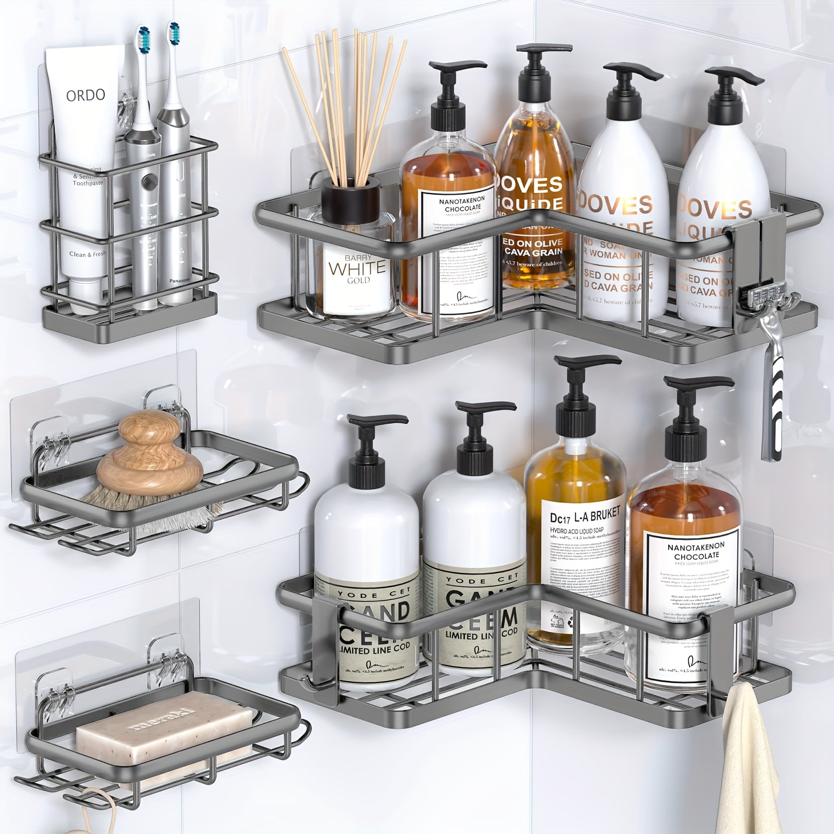 Corner Shower Caddy, 5-Pack Shower Organizer Corner With Soap Holder And 4 Removable Hooks ...