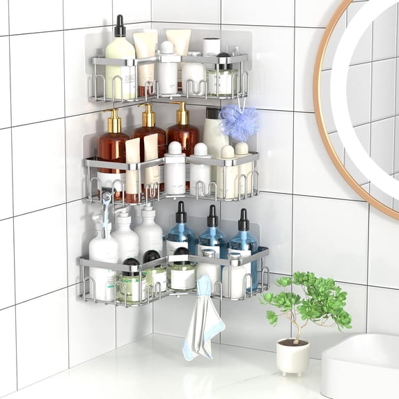 Corner Shower Caddy, Adhesive Bathroom Shelves with Hooks, Drill-Free ...