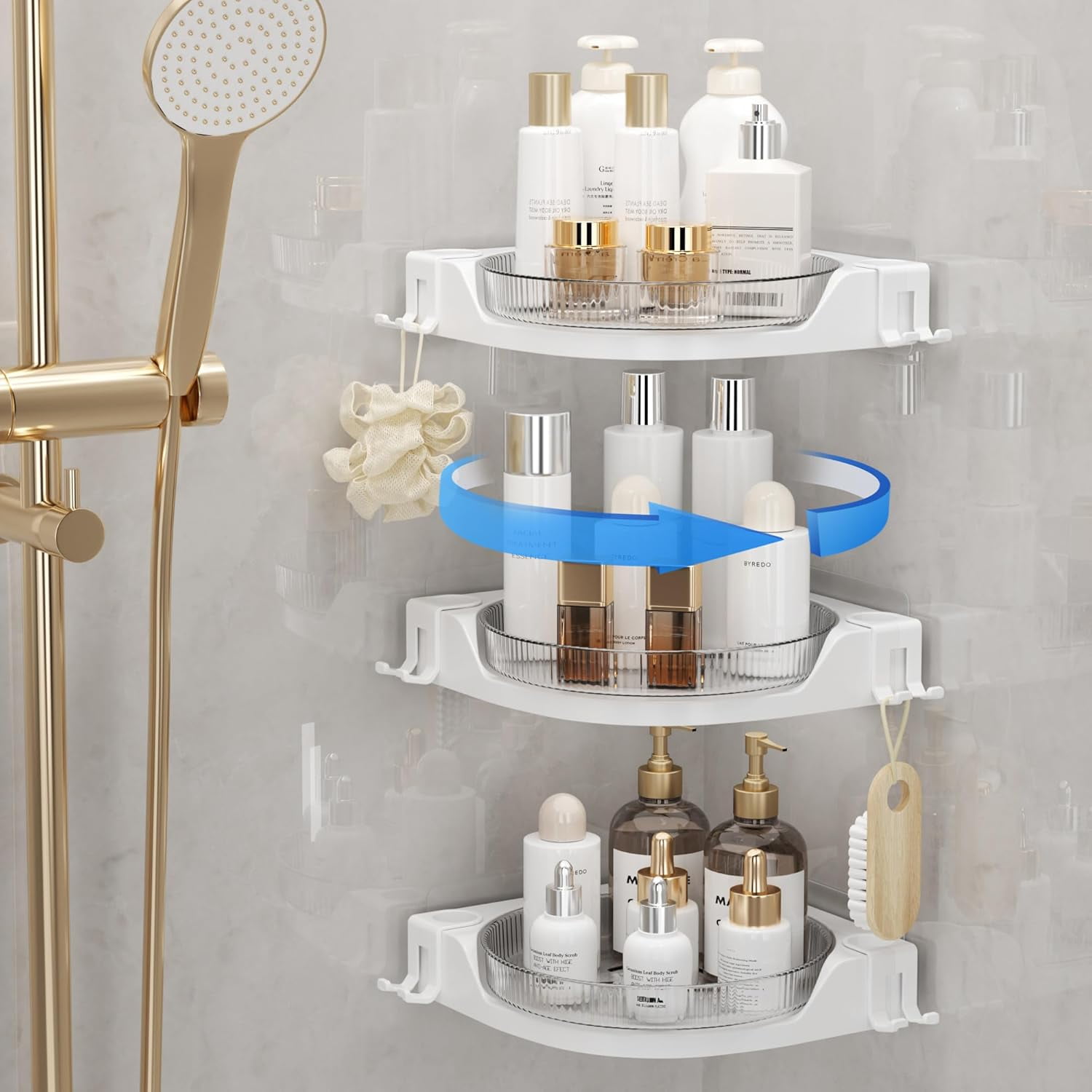 Corner Shower Caddy, Bathroom Wall 360° Rotating Shower Rack Adhesive ...