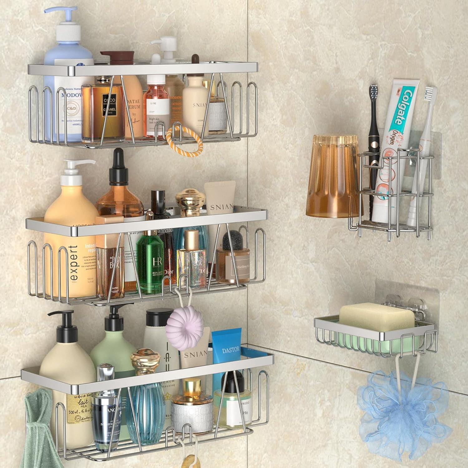 Corner Shower Caddy, Shower Organizer Corner Shower Shelf with 12 Hooks ...