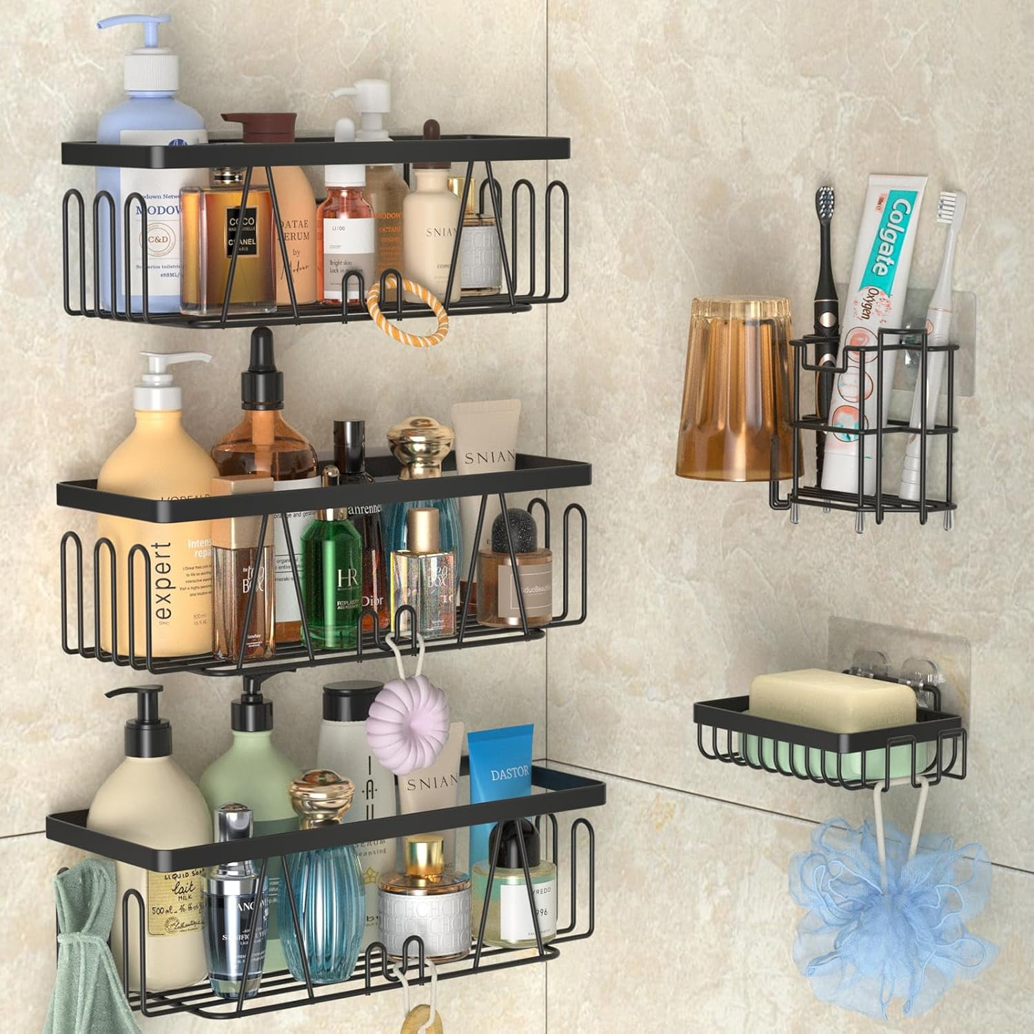 Corner Shower Caddy, Shower Organizer Corner Shower Shelf with 12 Hooks ...