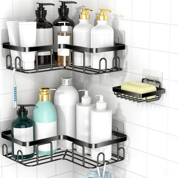 Corner Shower Caddy Shelf Organizer Rack, Self Adhesive Black Bathroom ...
