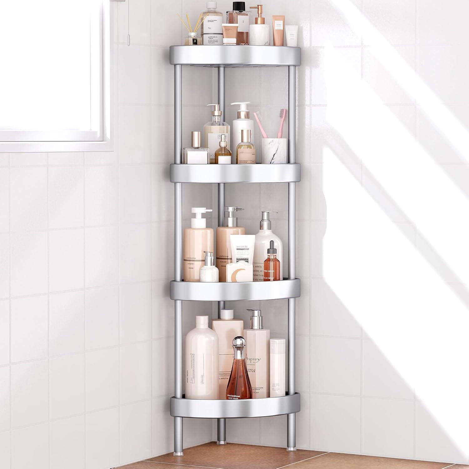Corner Shower Caddy Stand-4 Tier Rustproof Anodized Aluminum Standing ...