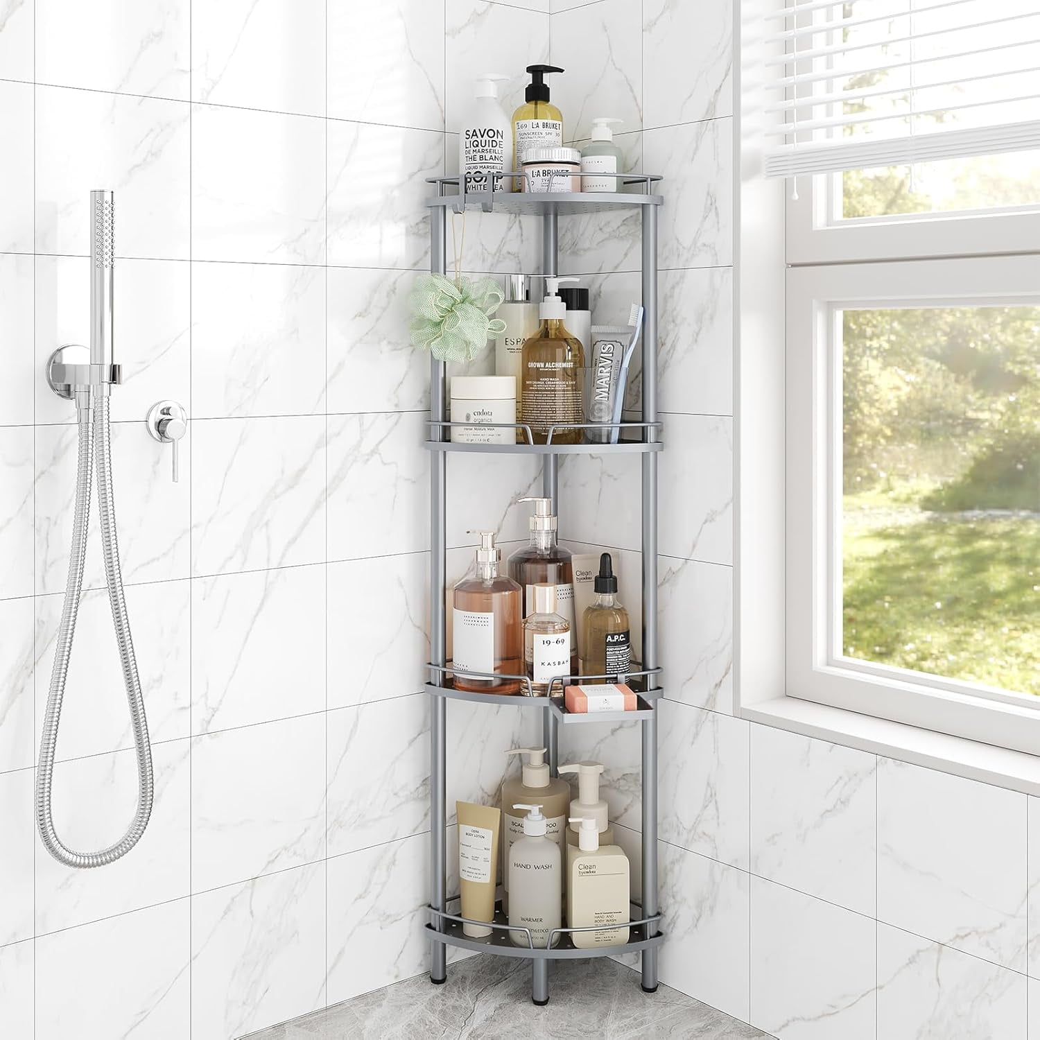 Corner Shower Caddy Standing, 4 Tier Rustproof Metal Shower Organizer with Soap Holder, Floor ...