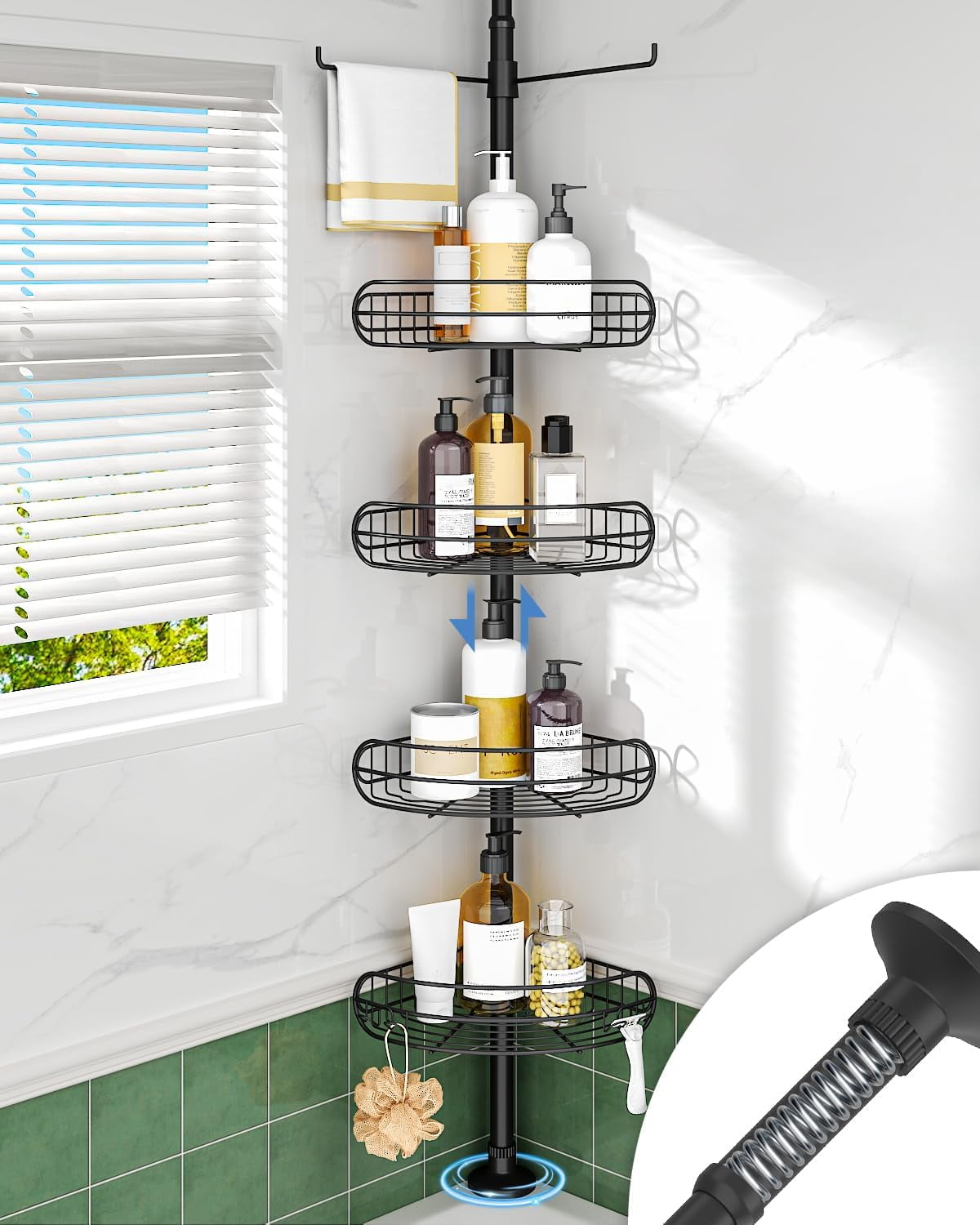 Corner Shower Caddy Tension Pole, 4-Tier Adjustable Shelves, Rustproof ...