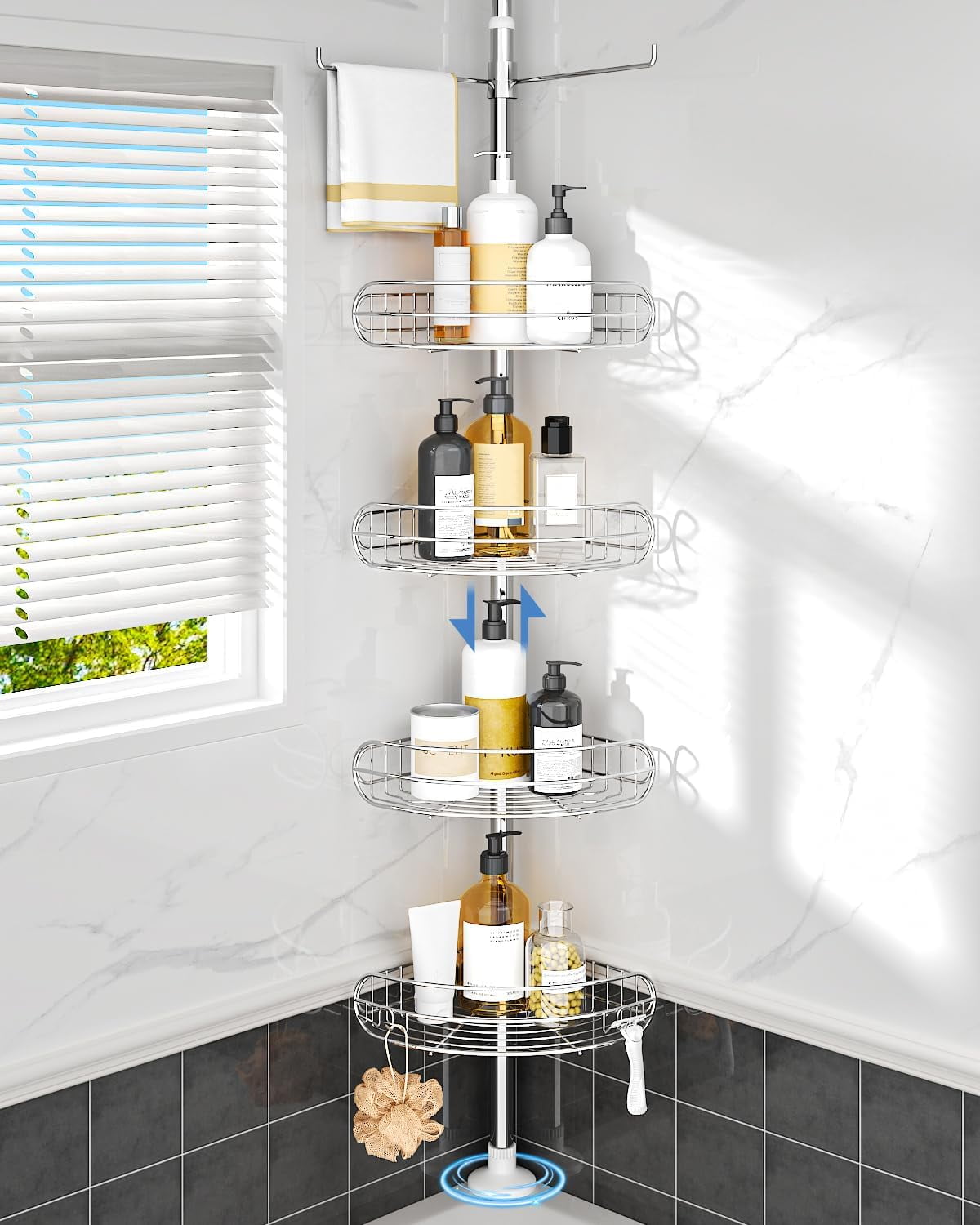 Corner Shower Caddy Tension Pole, 4-Tier Adjustable Shelves, Rustproof Bathroom Shower Organizer ...