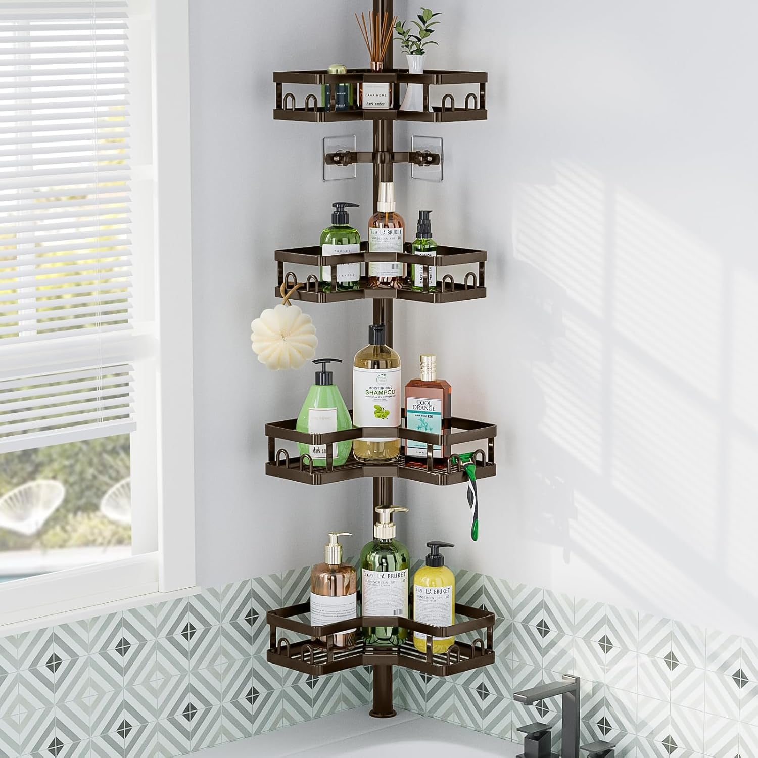 Corner Shower Caddy Tension Pole, 4 Tier Adjustable Shower Organizer Corner 62-115 Inch ...
