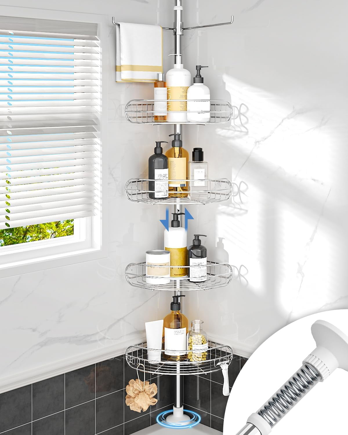 Corner Shower Caddy Tension Pole, 4-Tier Adjustable Shower Shelves ...
