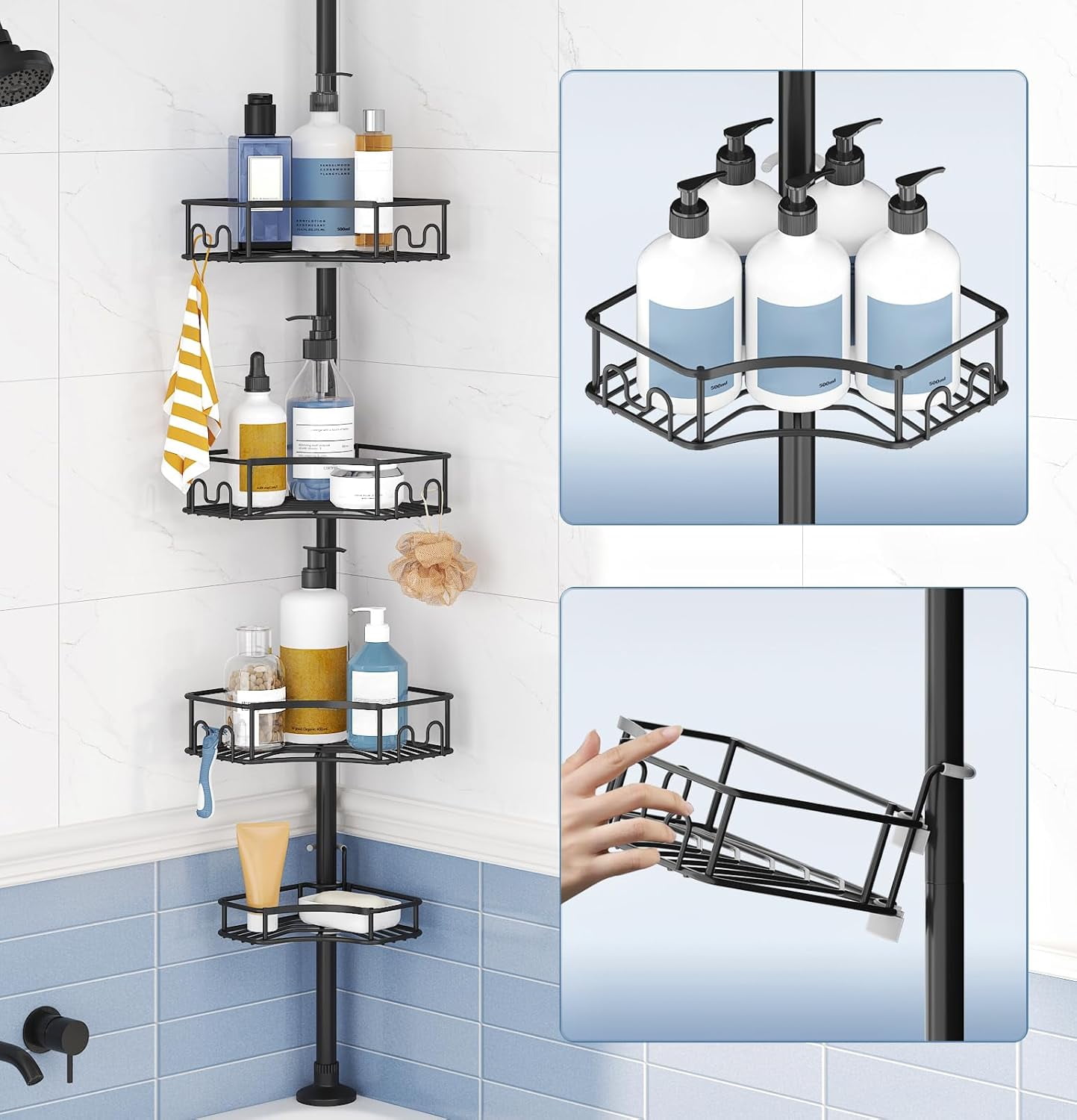 Corner Shower Caddy Tension Pole, 4-Tier Rust-Free Shower Organizer Corner, Adjustable Shelf for ...