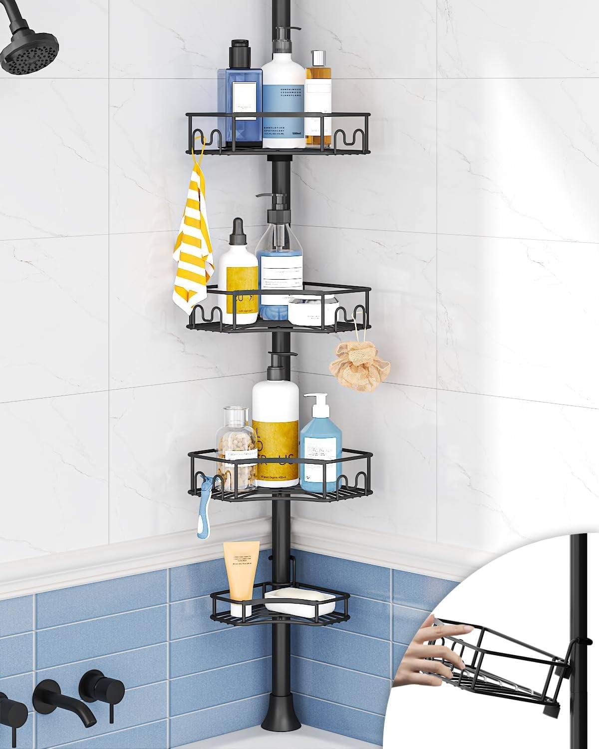 Corner Shower Caddy Tension Pole, 4-Tier Rust-Free Shower Organizer Corner, Adjustable Shelf for ...