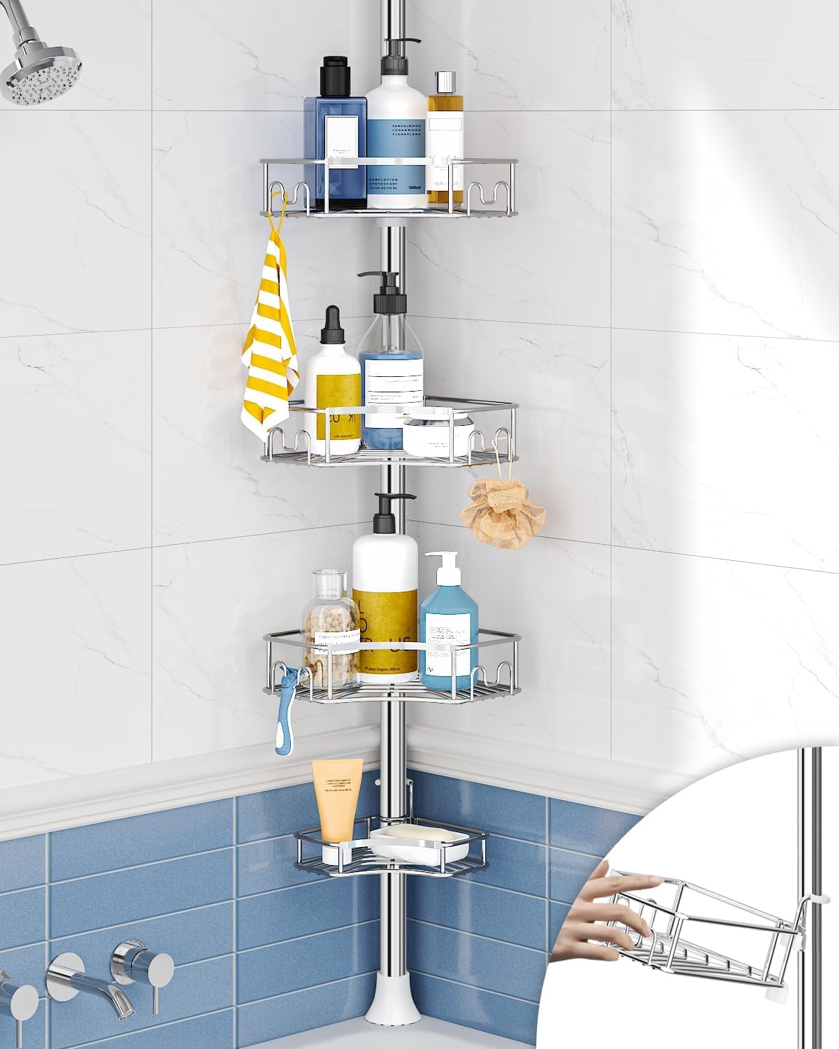 Corner Shower Caddy Tension Pole, 4-Tier Rust-Free Shower Organizer Corner, Adjustable Shelf for ...
