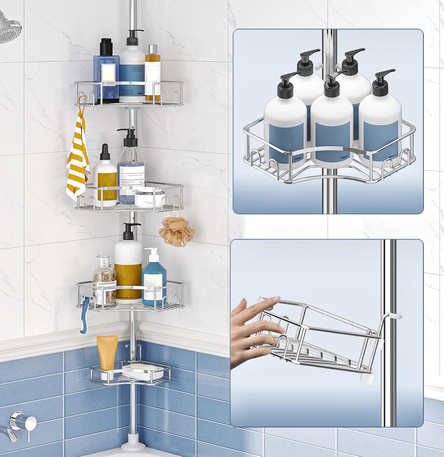 Corner Shower Caddy Tension Pole, 4-Tier Rust-Free Shower Organizer ...