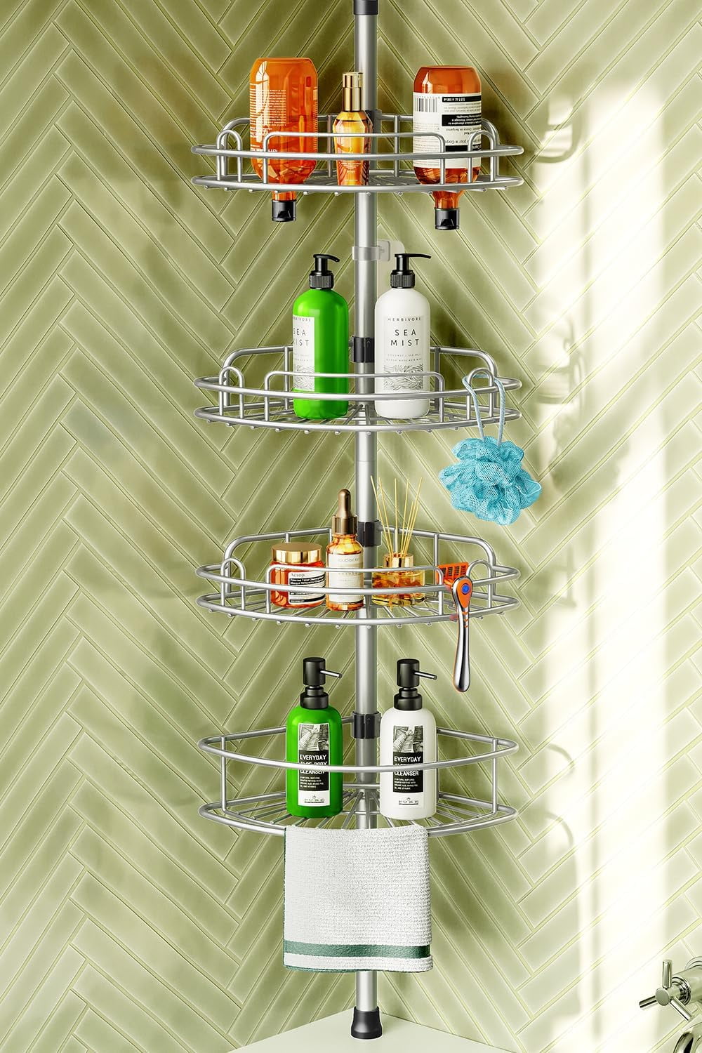 Corner Shower Caddy Tension Pole: 4-Tier Rust-Resistant Adjustable ...