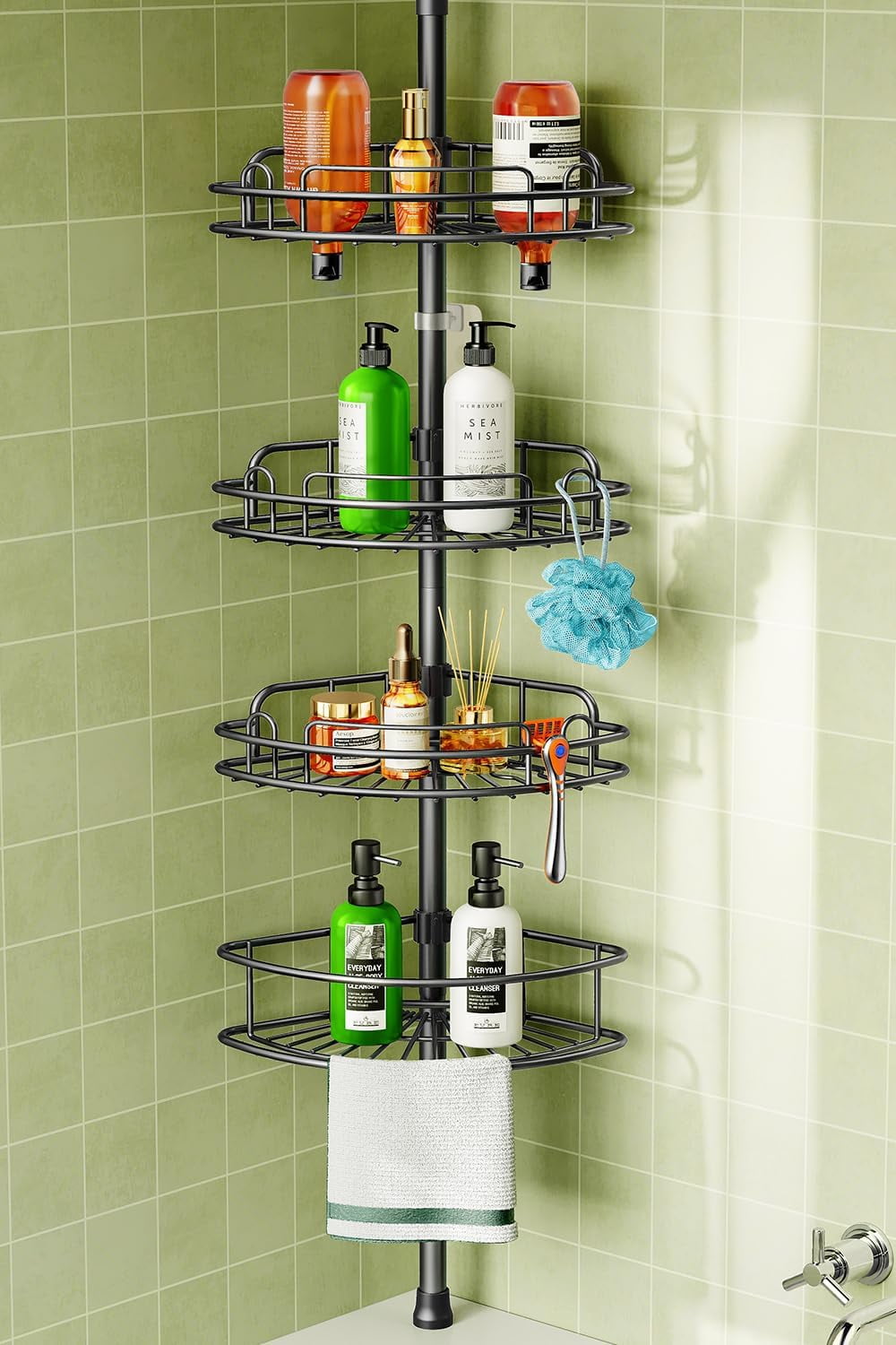 Corner Shower Caddy Tension Pole: 4-Tier Rust-Resistant Adjustable Bathroom Organizer Shelves ...