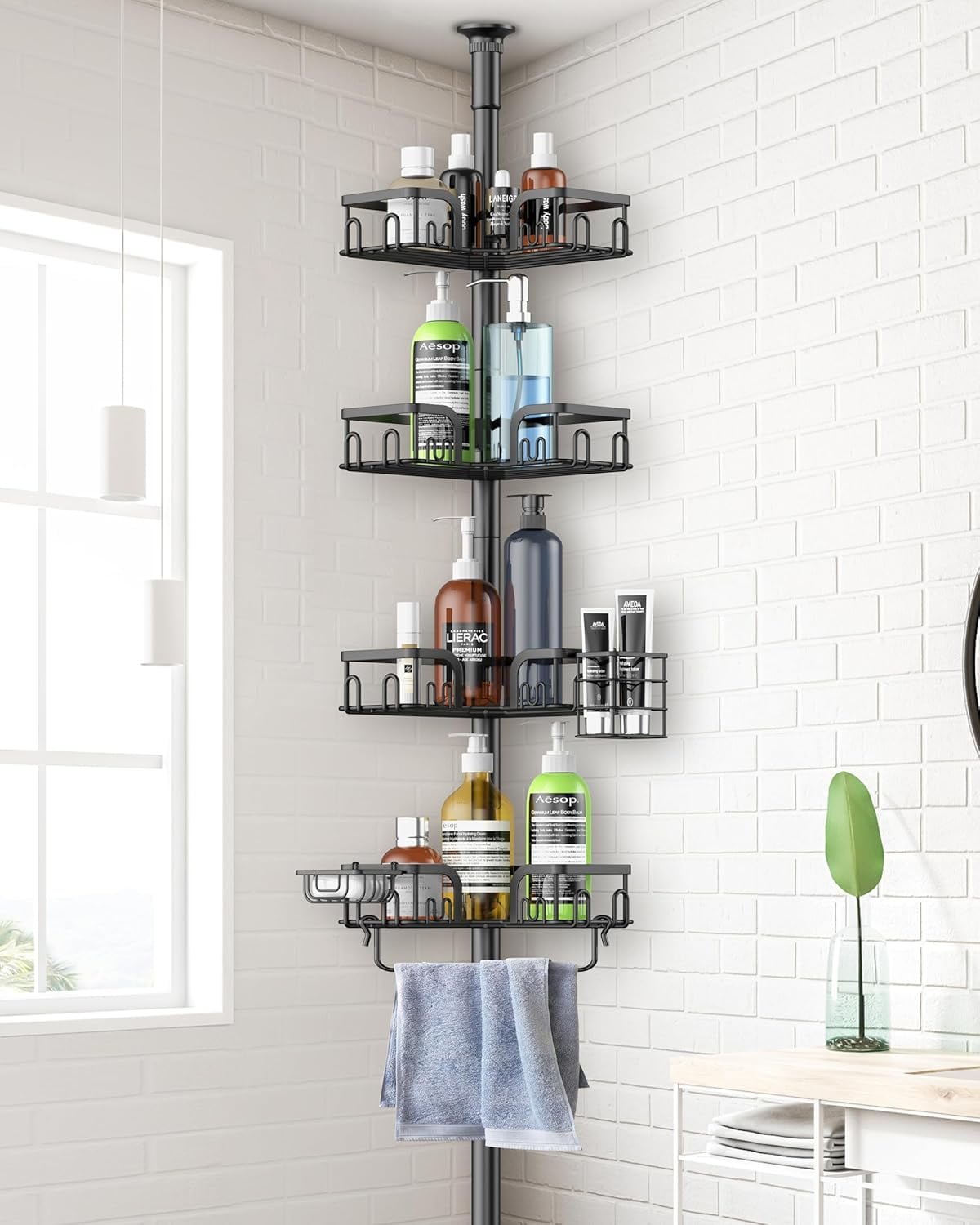 Corner Shower Caddy Tension Pole, 4-Tier Rustproof Bathroom Organizer Storage for Inside Shower ...