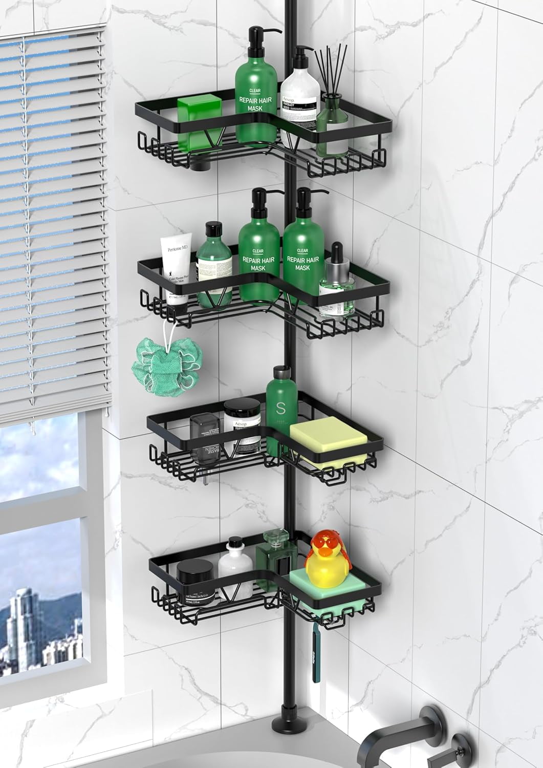 Corner Shower Caddy Tension Pole - 4 Tier Stainless Steel Rustproof Shower Corner Caddy for ...